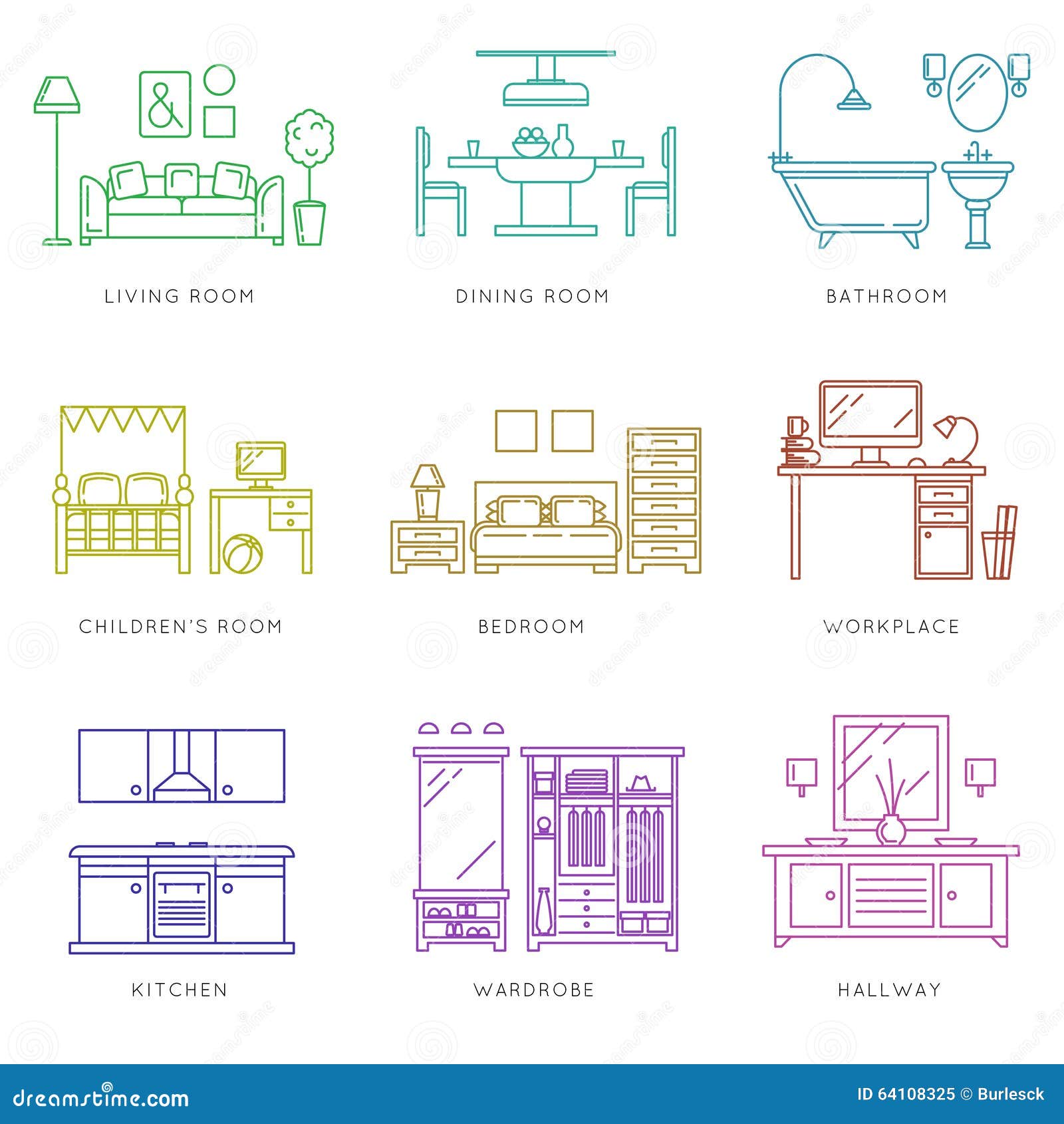 Cuartos Caseros Interiores En Estilo Linear Iconos Del Vector ...