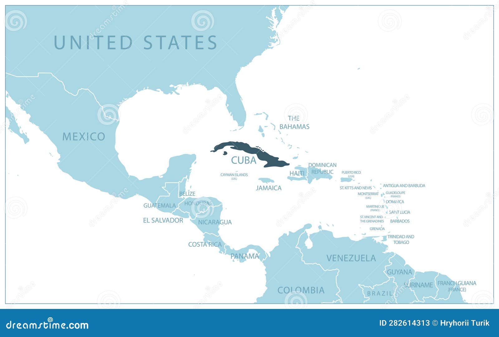 Cuba - Blue Map with Neighboring Countries and Names Stock Illustration ...