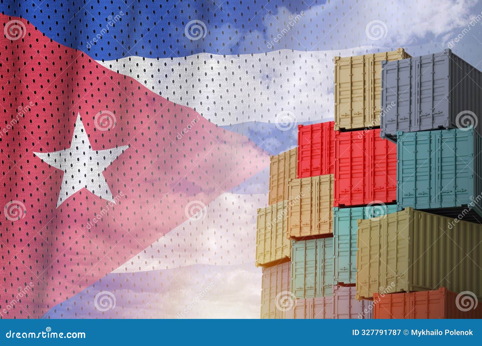 Cuba Flag and Big Stack of Shipping Cargo Containers in Docks with Sky ...