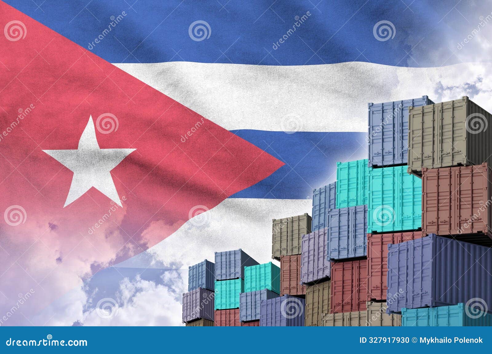 Cuba Flag and Big Stack of Shipping Cargo Containers in Docks with Sky ...