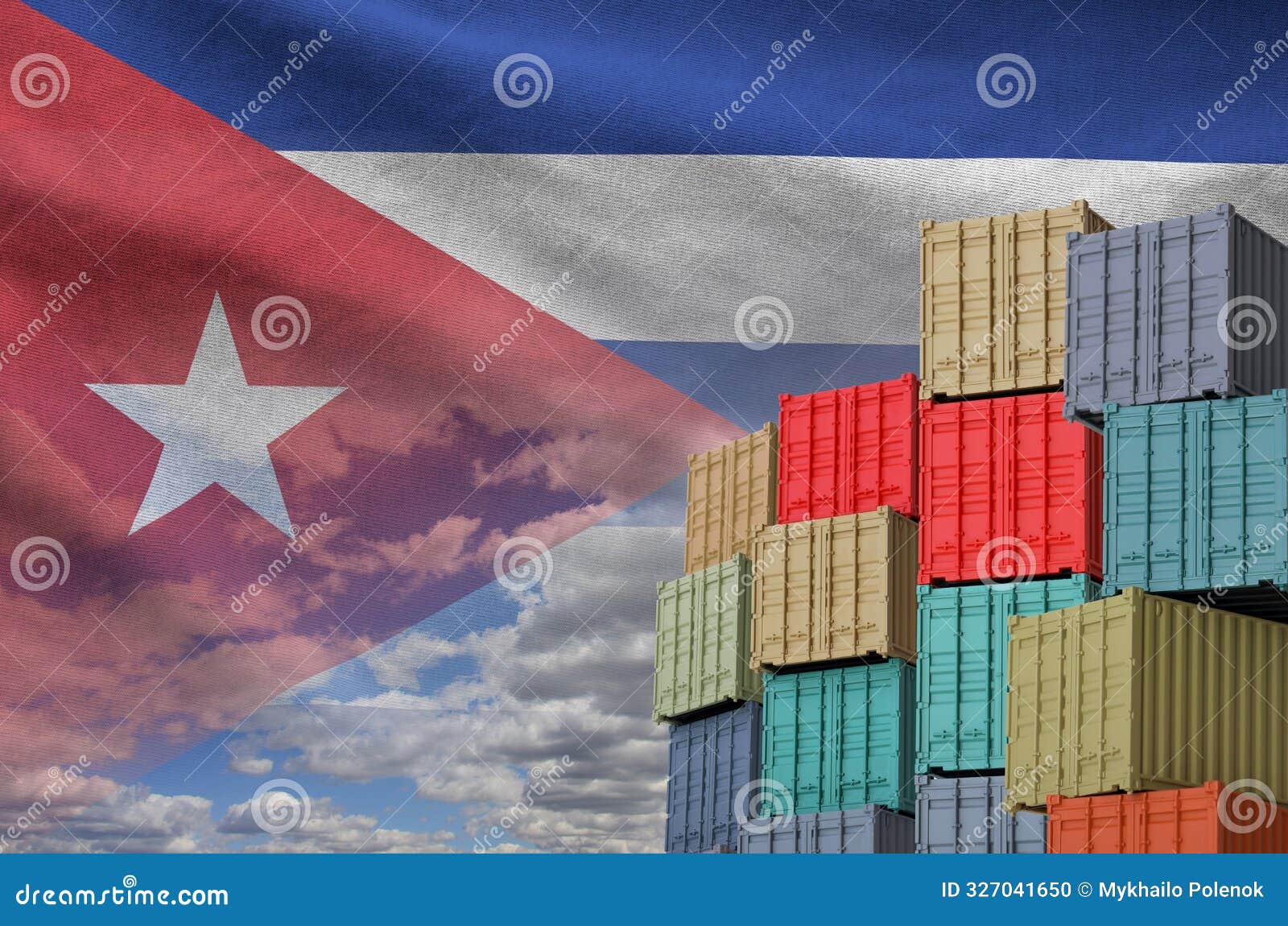 Cuba Flag and Big Stack of Shipping Cargo Containers in Docks with Sky ...