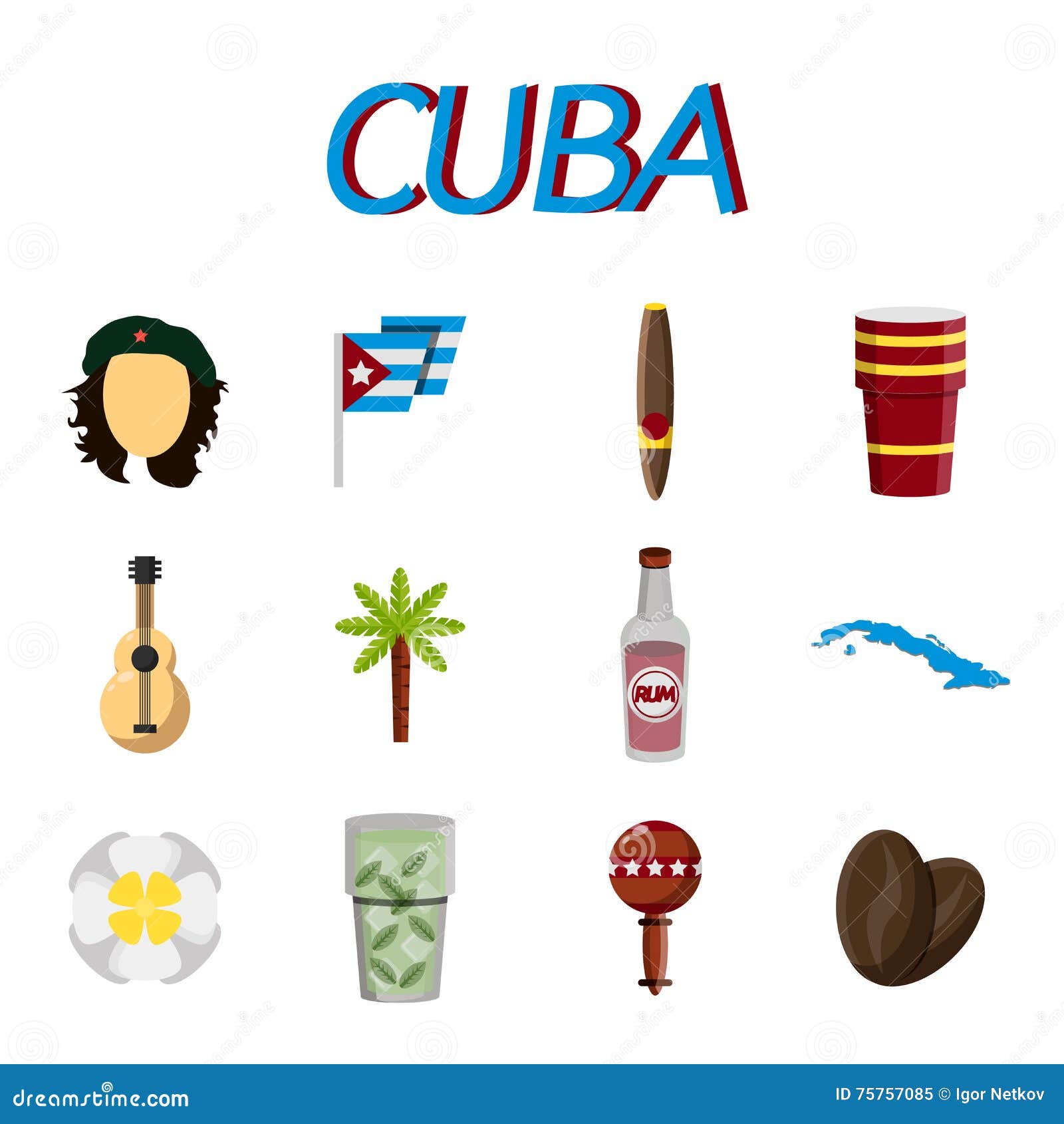 Cuba flat icon set stock vector. Illustration of island - 75757085