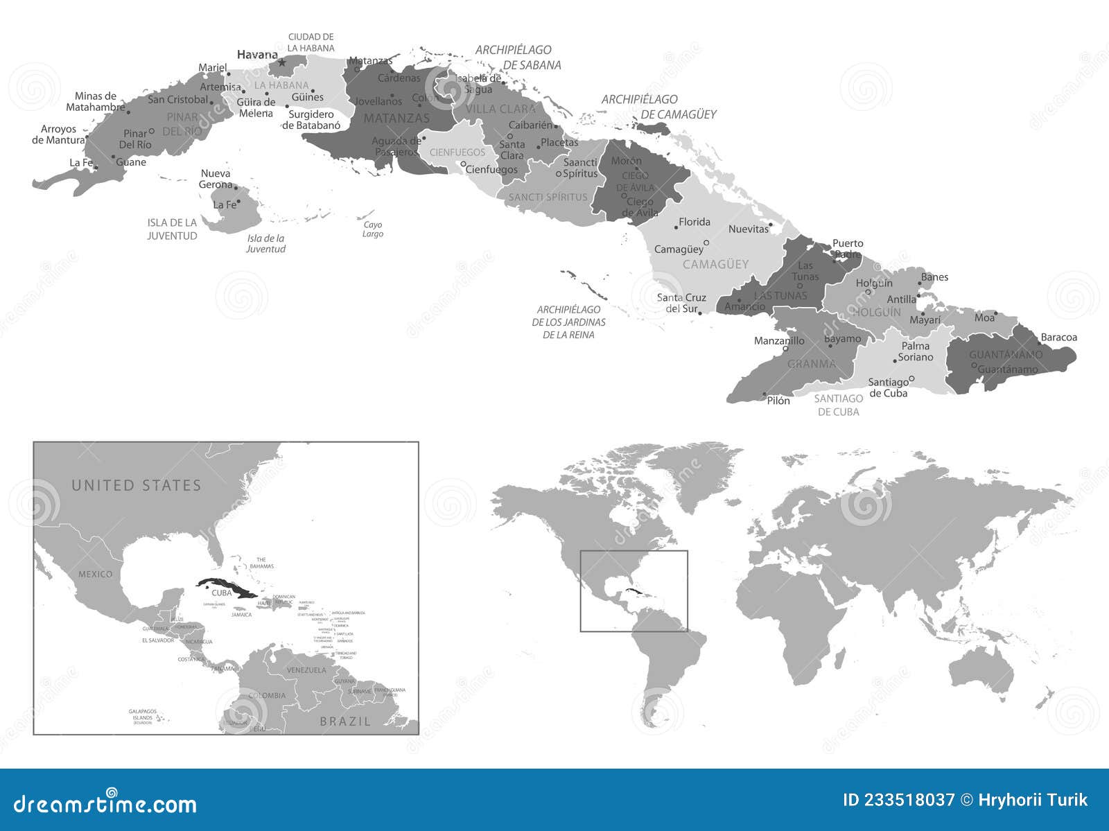 Cuba - Highly Detailed Black and White Map. Stock Vector - Illustration ...