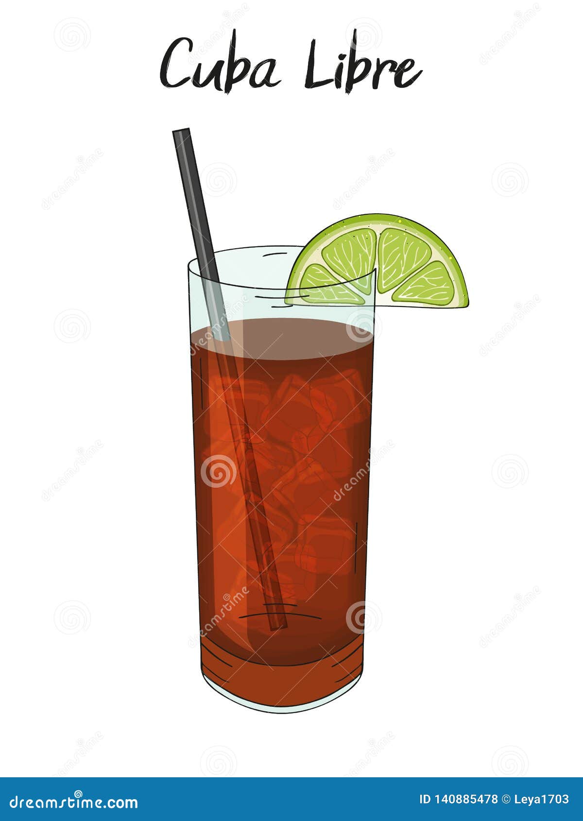Cuba Libre Cocktail, with Lime Decorations, Straw. Stock Vector ...