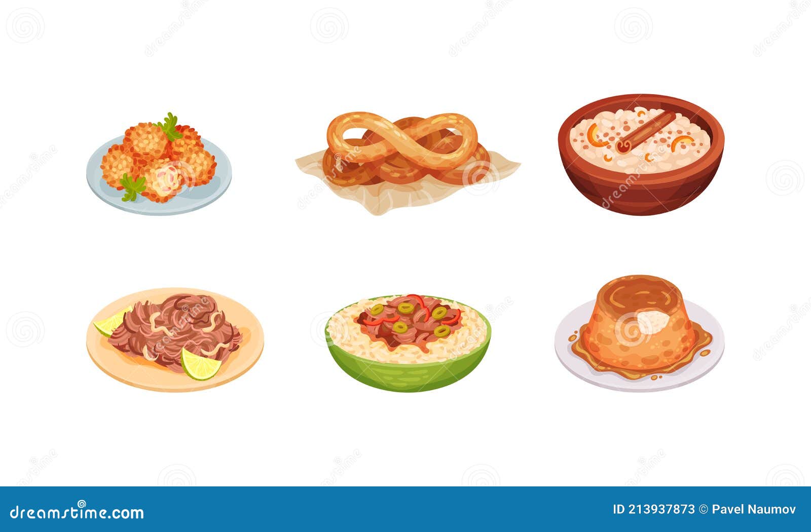 Cuban Food With Rolled Meat Of Forcemeat And Rice Vector Set ...