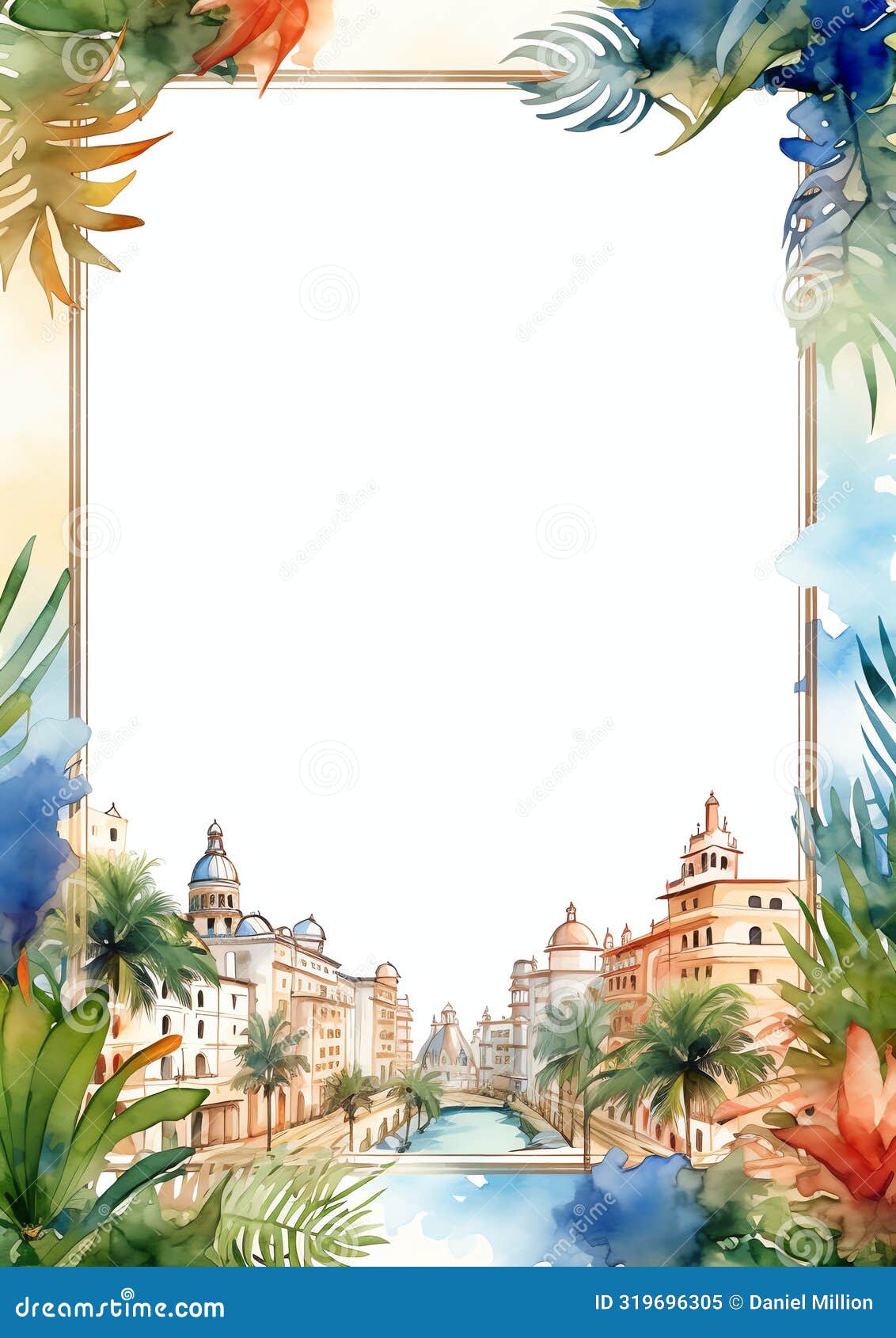 Cuban Frame Watercolor Border on White Background Stock Illustration ...