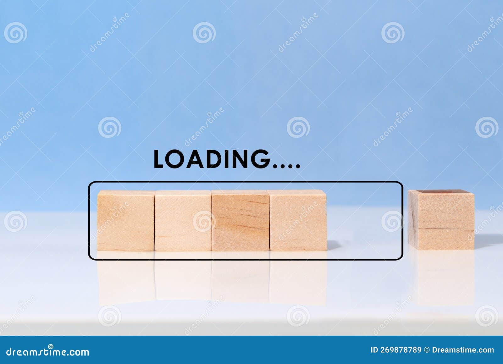 Cube Block To Completing Progress Bar with the Word Loading on Blue ...