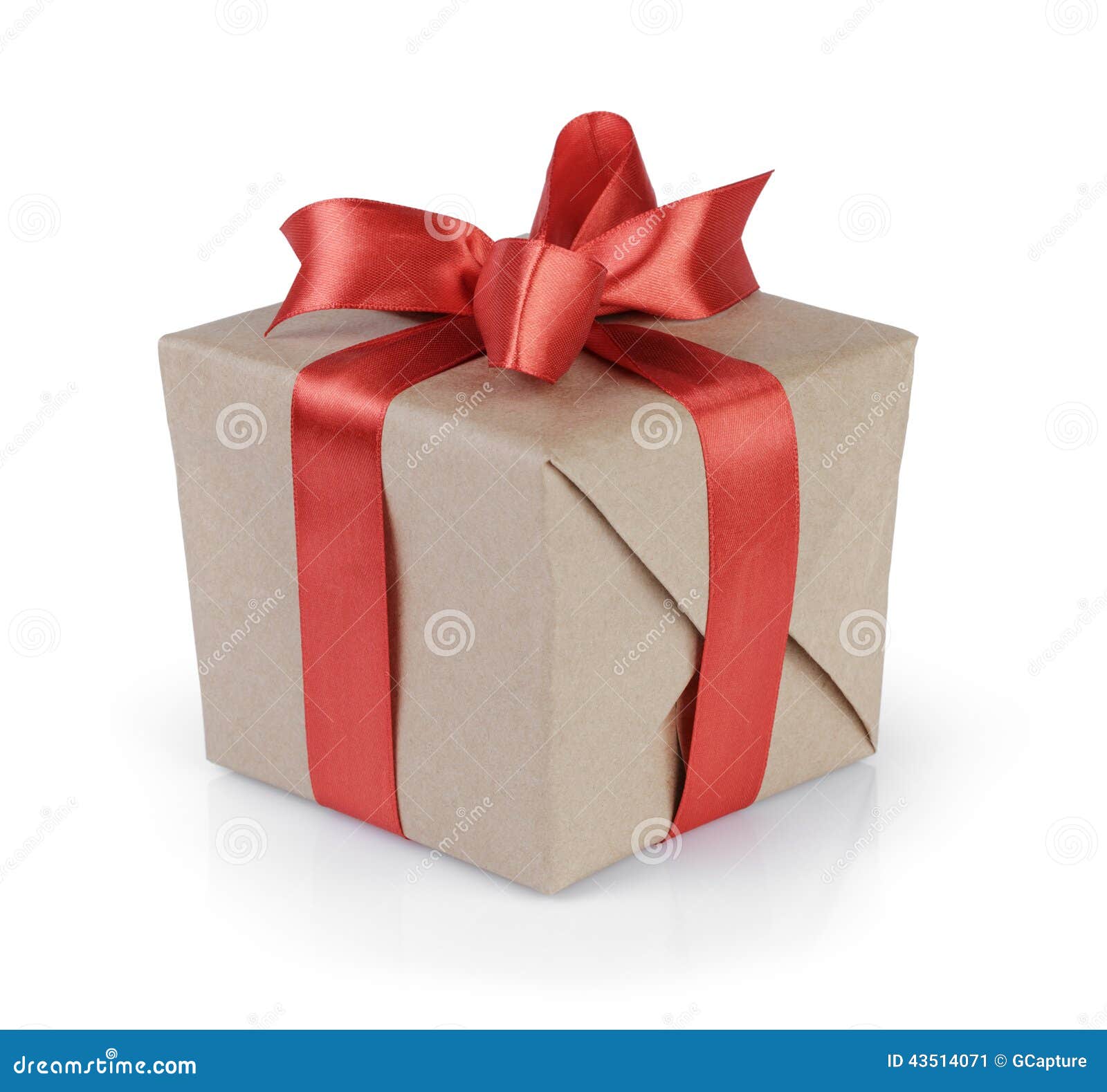 Cube Gift Box Wrapped with Kraft Paper and Red Bow Stock Image - Image ...