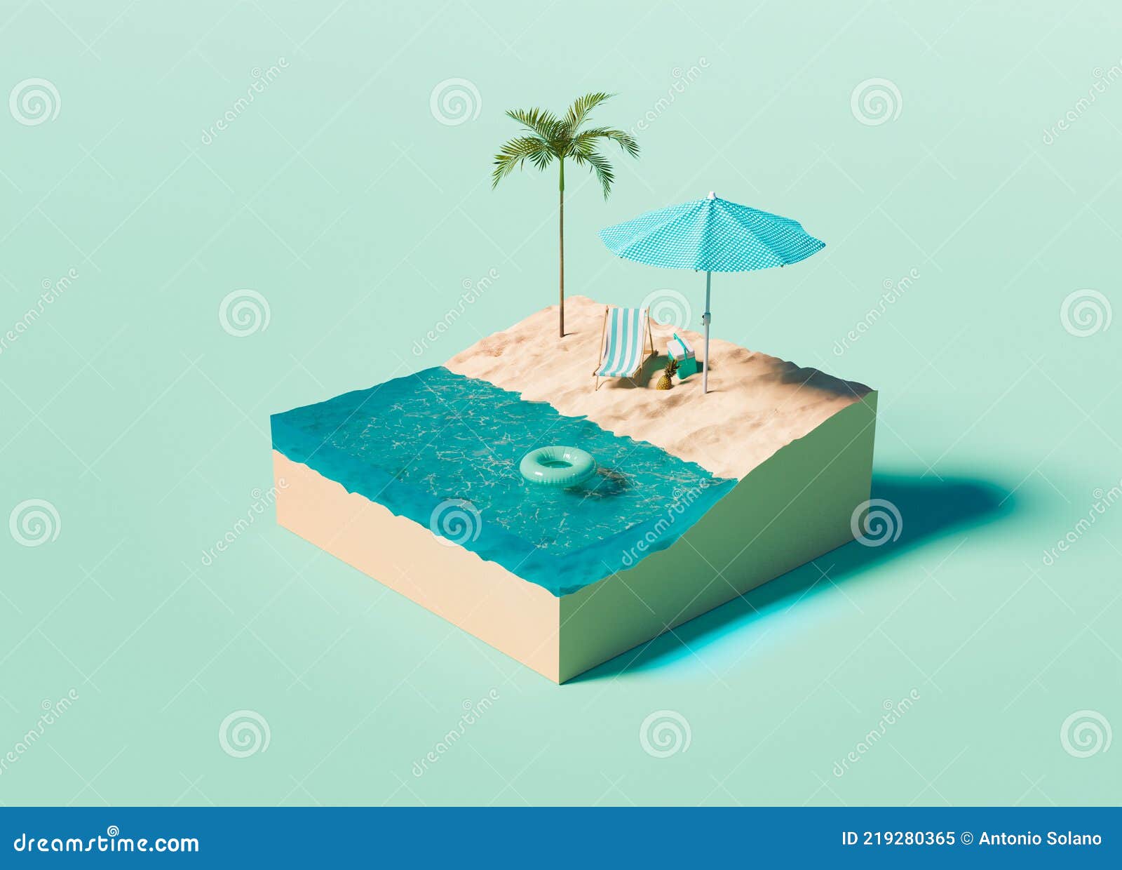 Cube with Isometric Beach on Turquoise Background Stock Illustration ...
