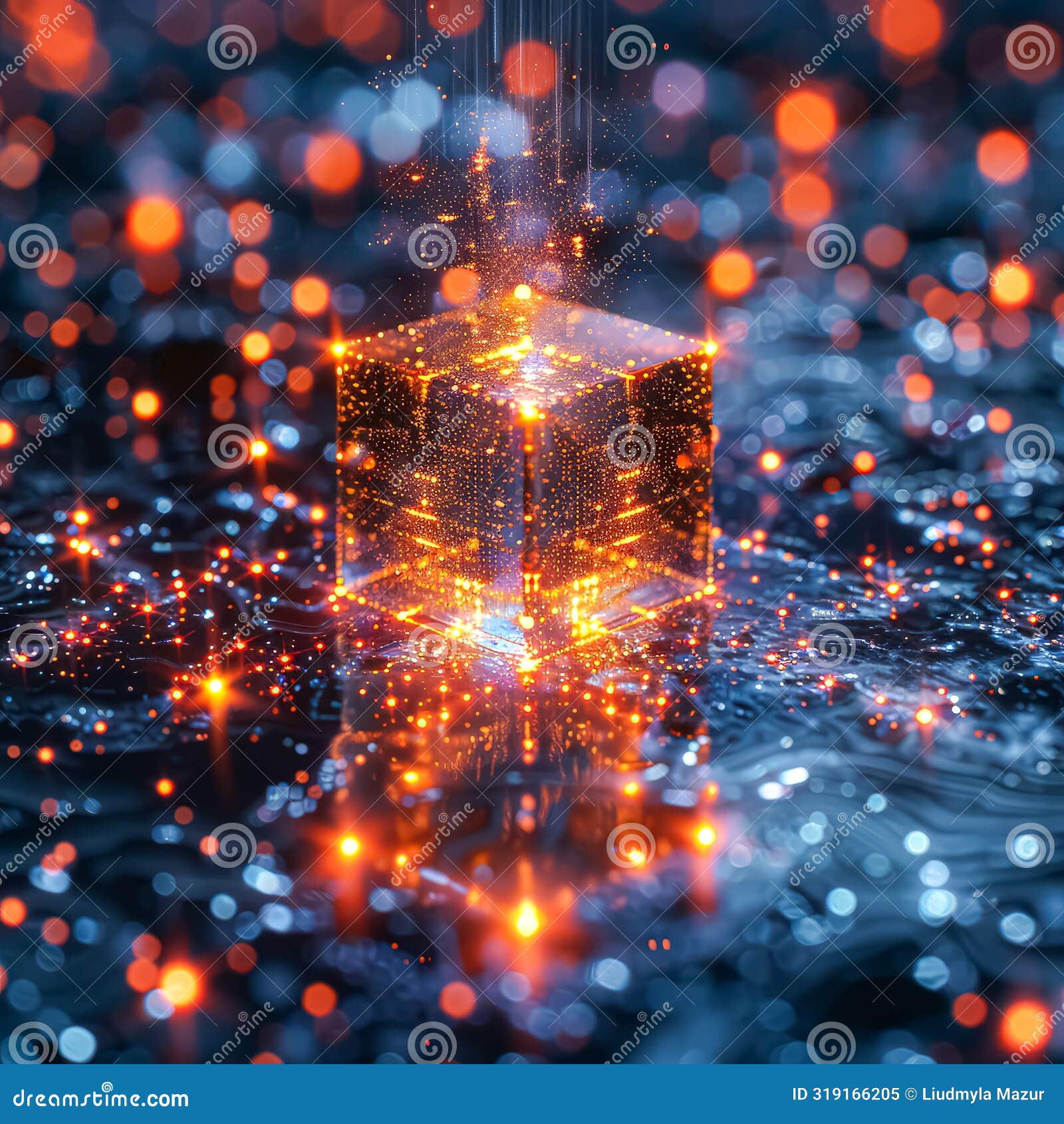 A Cube is Lit Up with Bright Orange Lights and Surrounded by a Blue ...