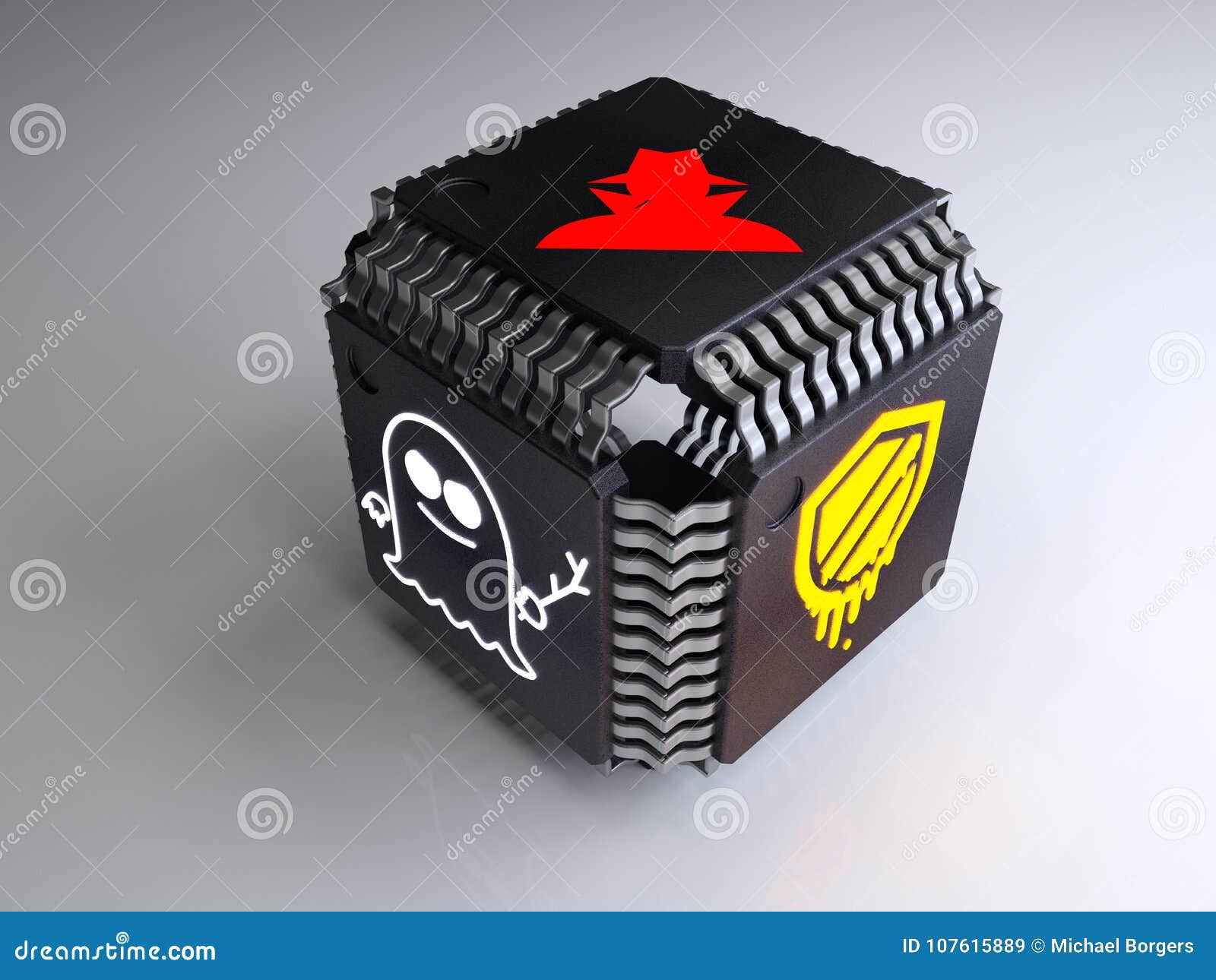 Cube Made of Computerchips with a Meltdown Spectre and Hacker Symbol on ...
