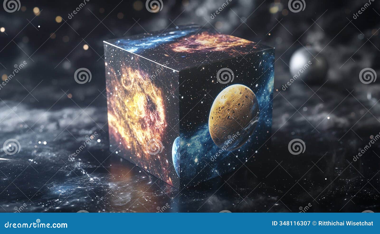 A Cube with a Painting of the Solar System on it Stock Illustration ...