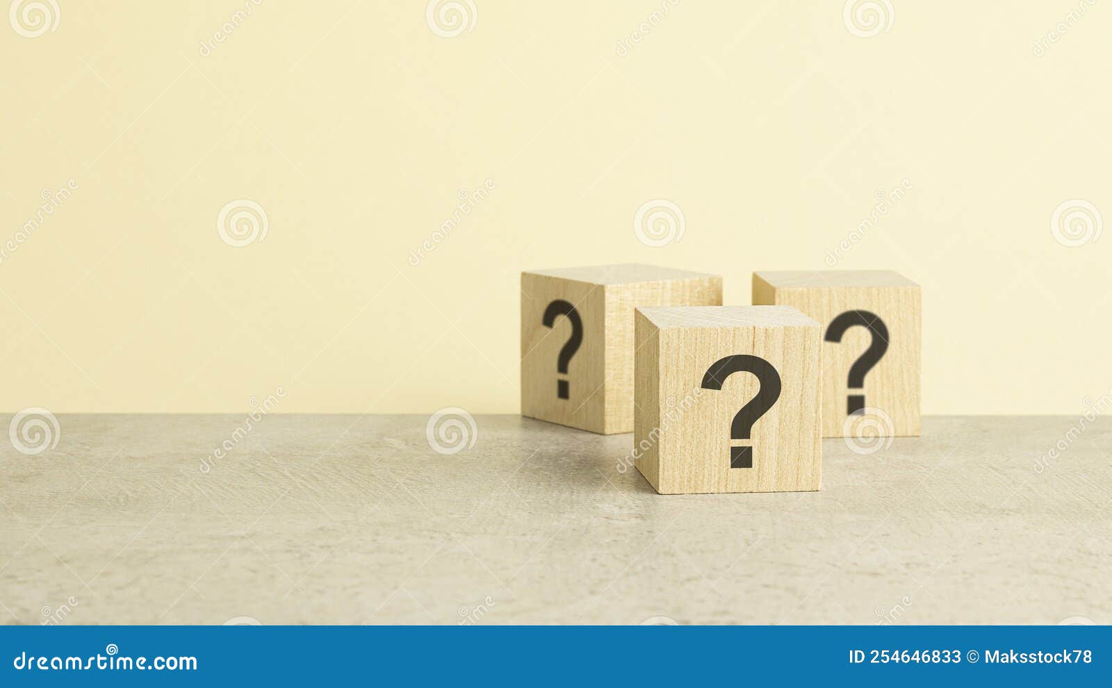 Cube with Question Marks on Wooden Background. Space for Text Stock ...