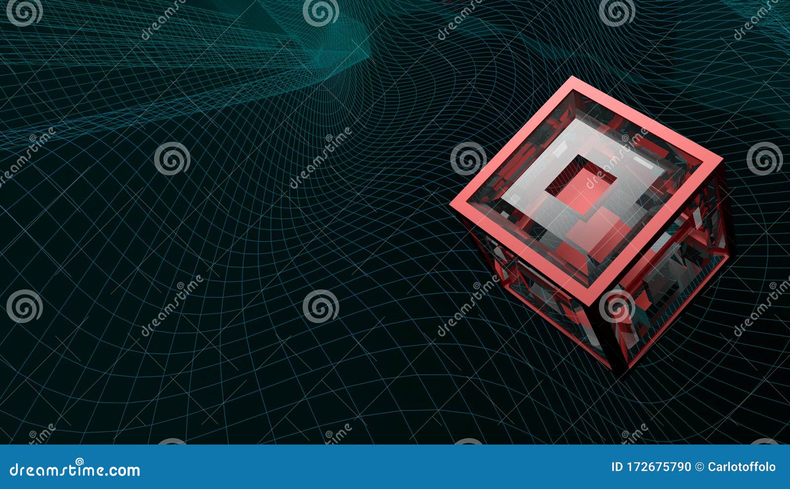 Cube with Red Structure and Glass Transparent Faces Rotating Over a ...