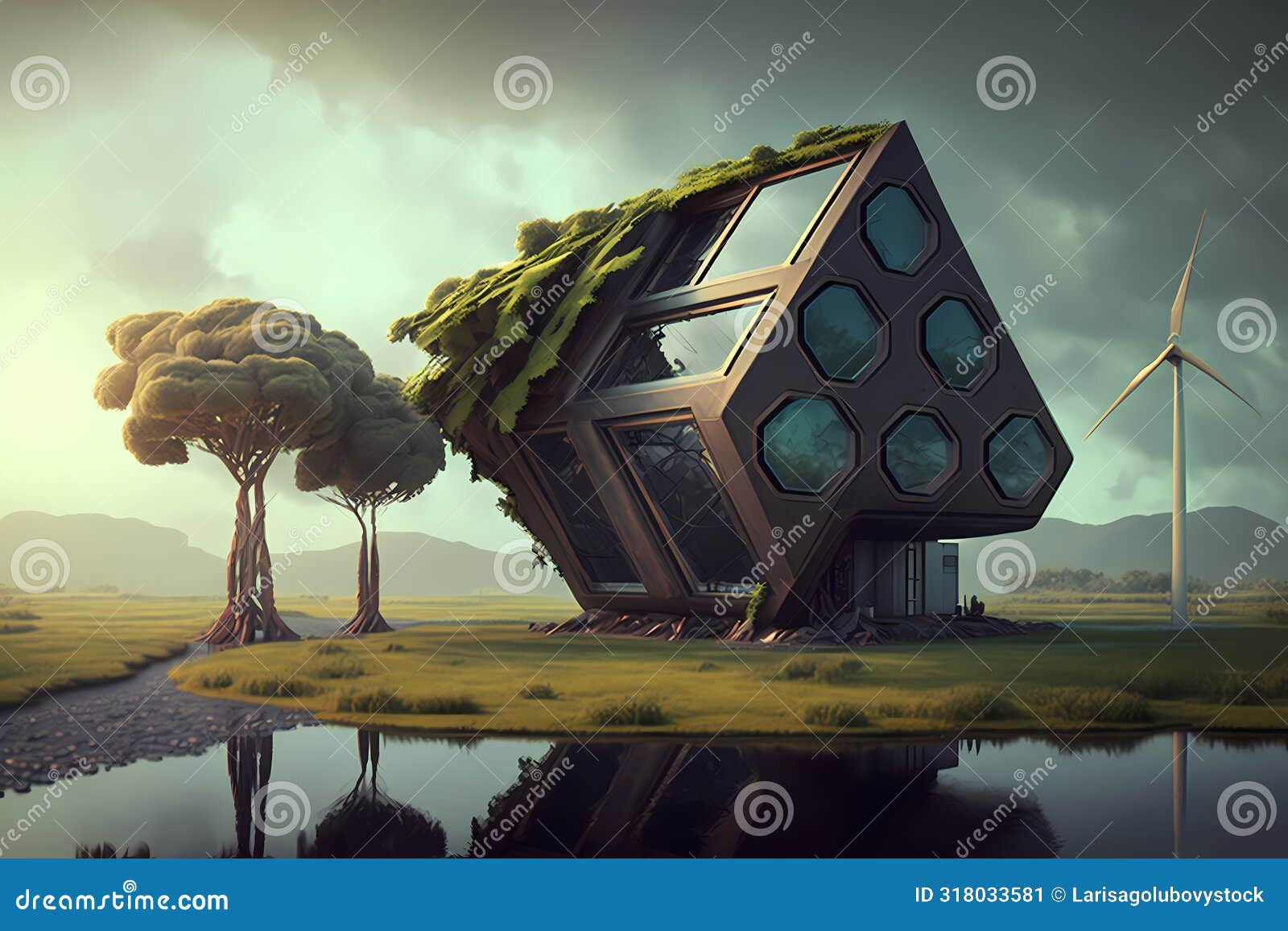 Cube-shaped House with Trees Windmills in Background. Sustainable ...