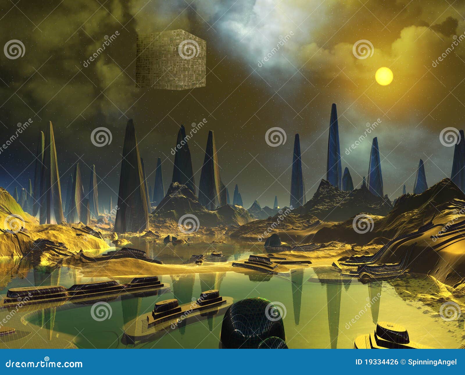 Cube Space Craft Over Alien Water World Stock Illustration ...