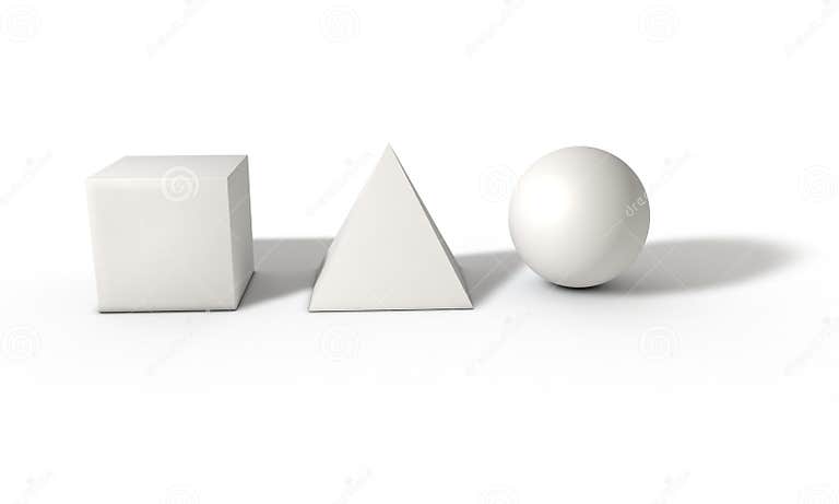 Cube, Sphere and Pyramid on Lasting White, 3d Render Stock Illustration ...