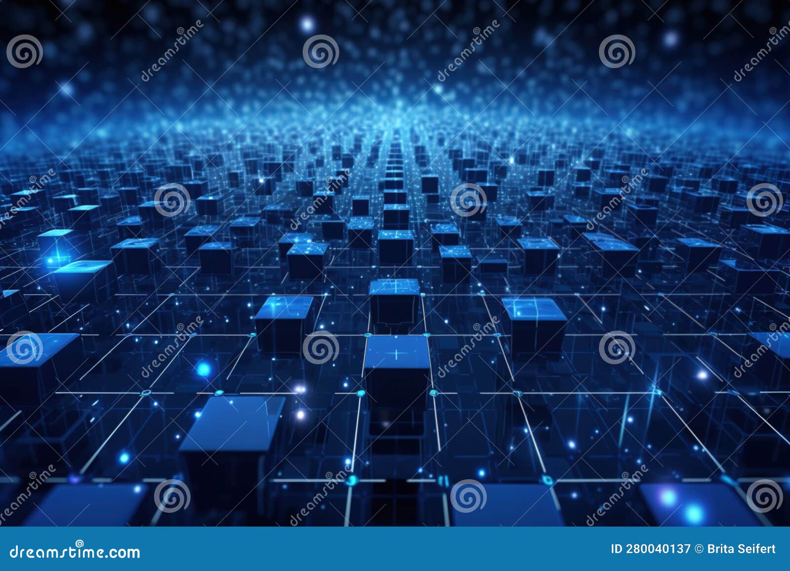 Cube Technology on Converging Point of Circuit with Abstract Blue Background. Blockchain Network ...
