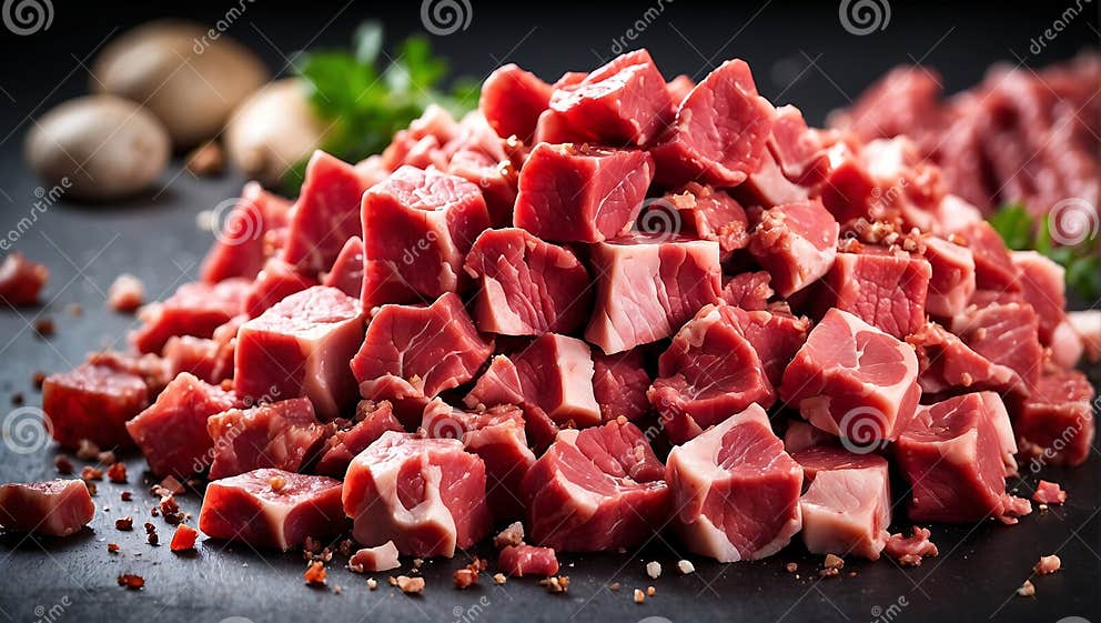 Cubed Raw Beef and Ground Beef on a White Background. Generative AI ...