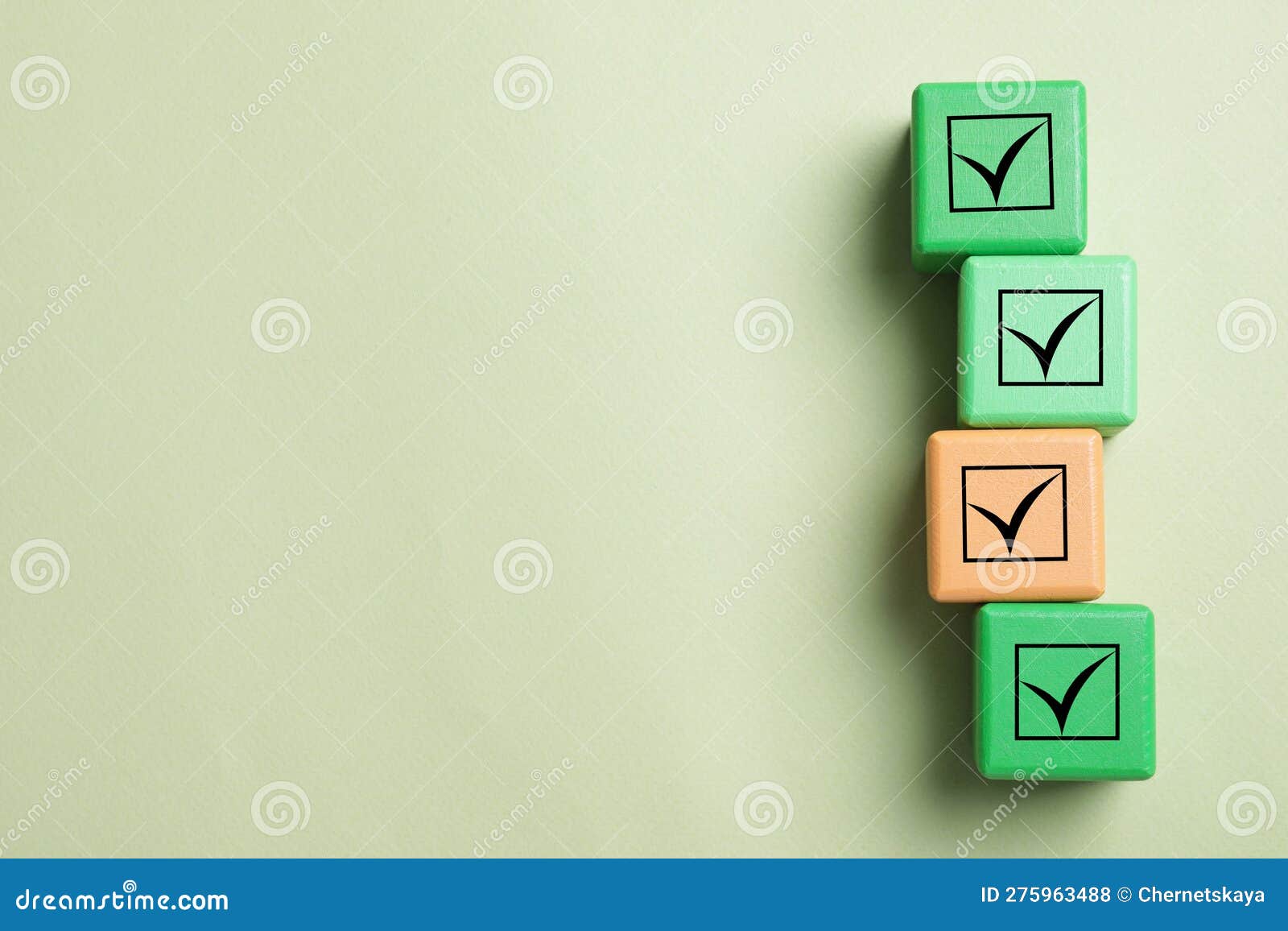 Cubes with Check Marks on Light Olive Color Background, Flat Lay. Space ...