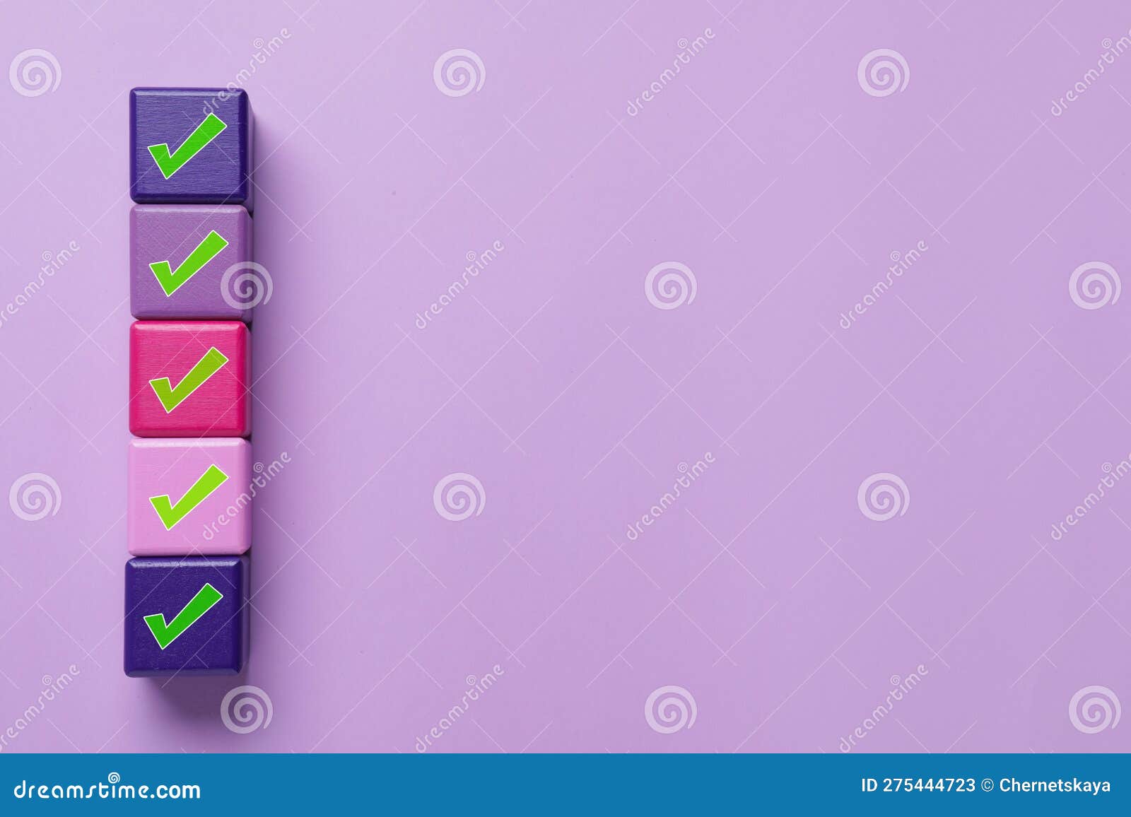Cubes with Check Marks on Light Violet Background, Top View. Space for ...