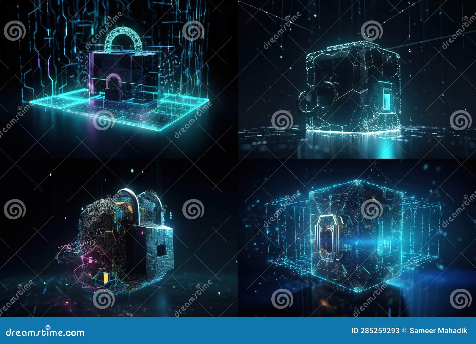 Cubes with Cyber Blue Particles Stuck Around it with Padlock. Generator ...