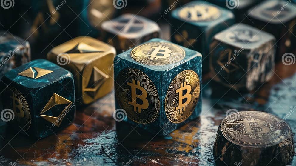 Cubes Featuring Cryptocurrency Logos on a Table with Bitcoin Included ...