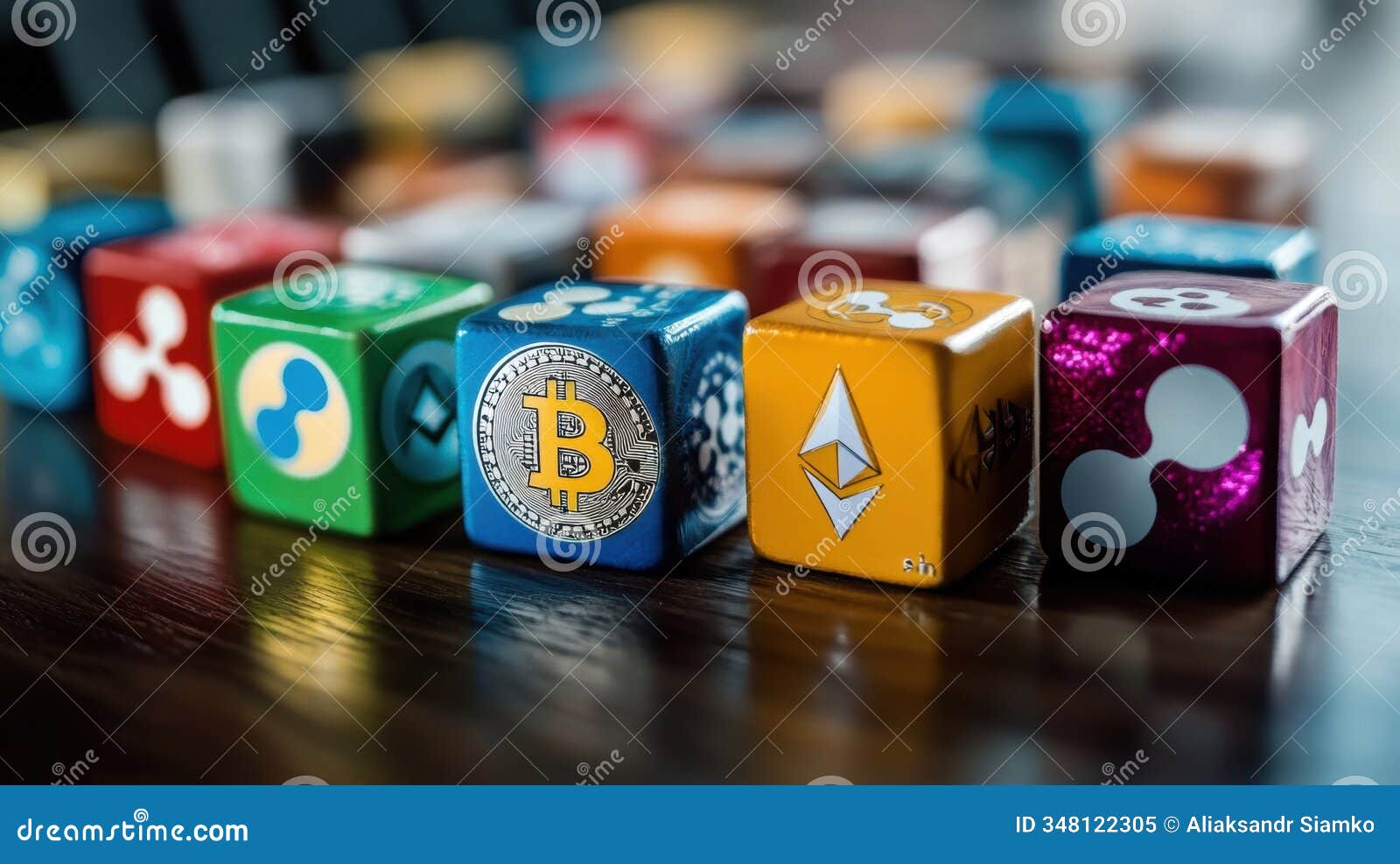 Cubes Featuring Cryptocurrency Logos on a Table with Bitcoin Included ...