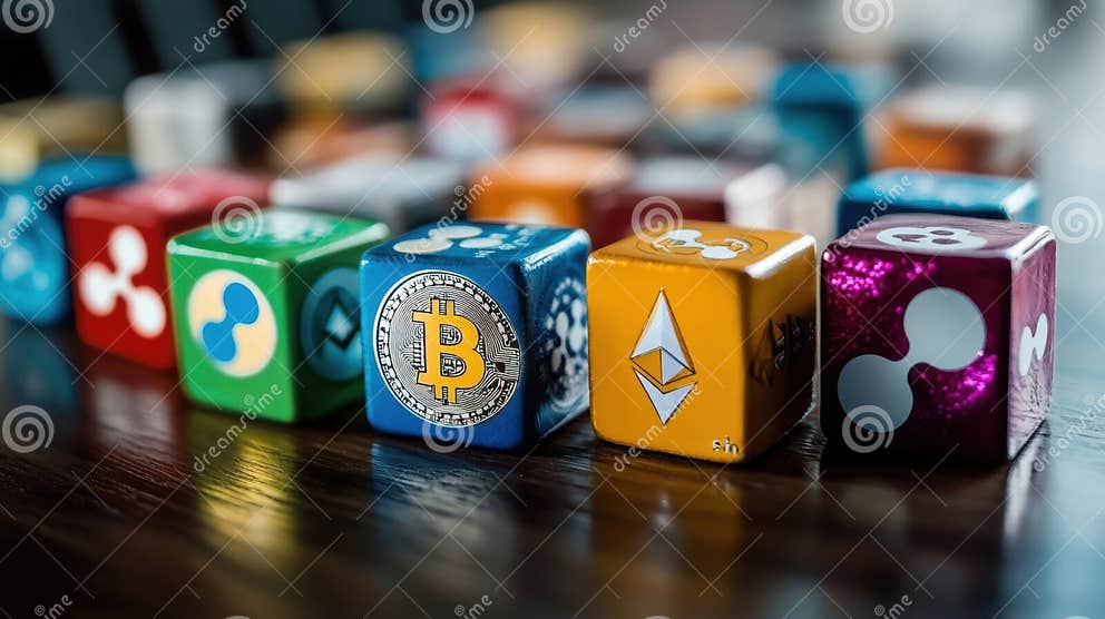 Cubes Featuring Cryptocurrency Logos on a Table with Bitcoin Included Stock Illustration ...