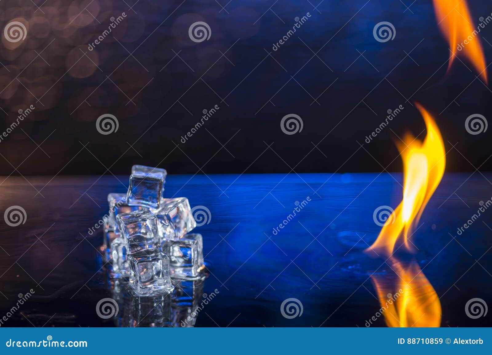 Cubes of Ice and Fire on a Water Surface on an Abstract Background ...