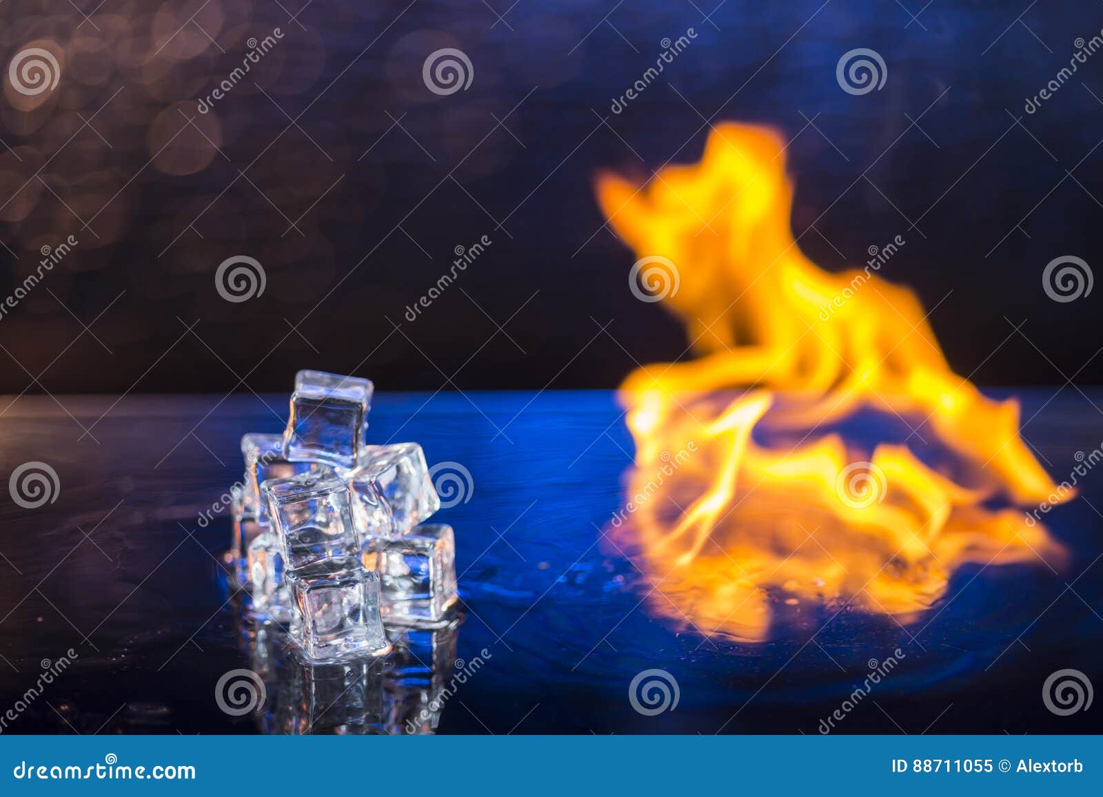 Cubes of Ice and Fire on a Water Surface on an Abstract Background ...