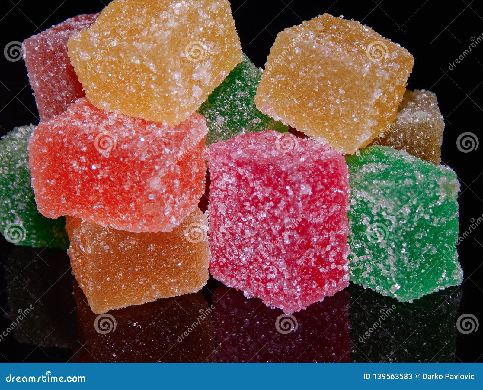 Cubes Of Jelly On A Black Reflective Background Stock Illustration ...