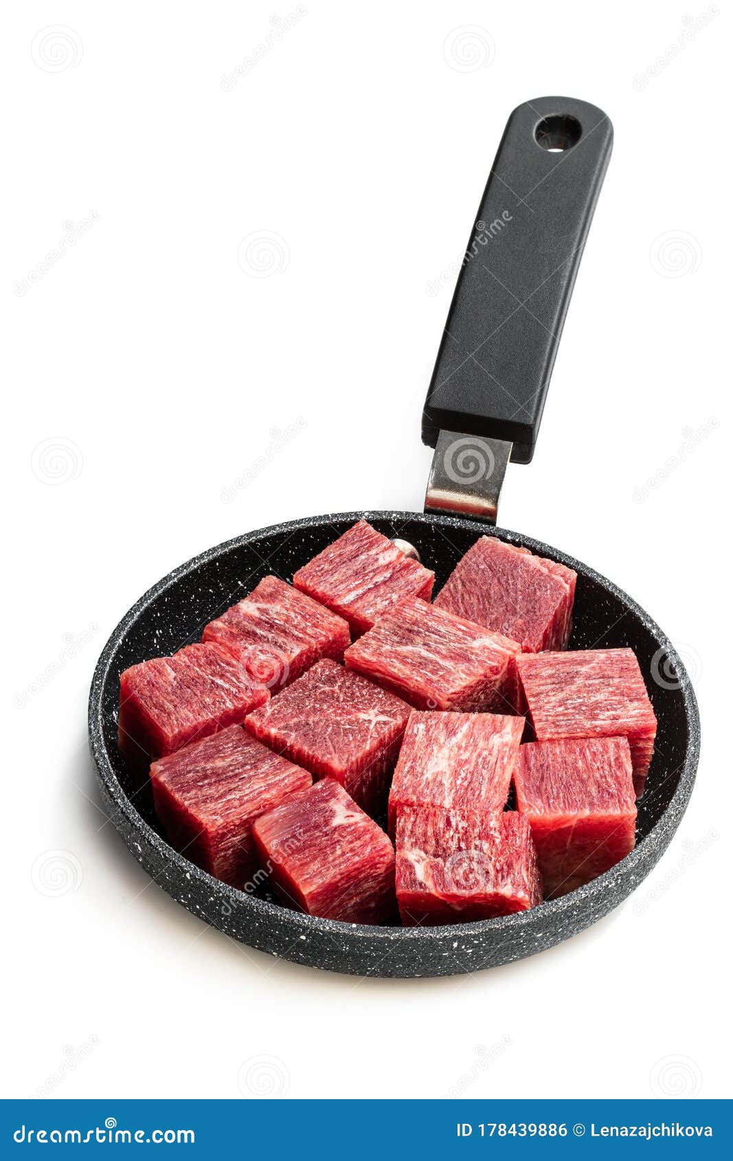 Cubes of Raw Beef Meat on Small Frying Pan Isolated on White Stock ...