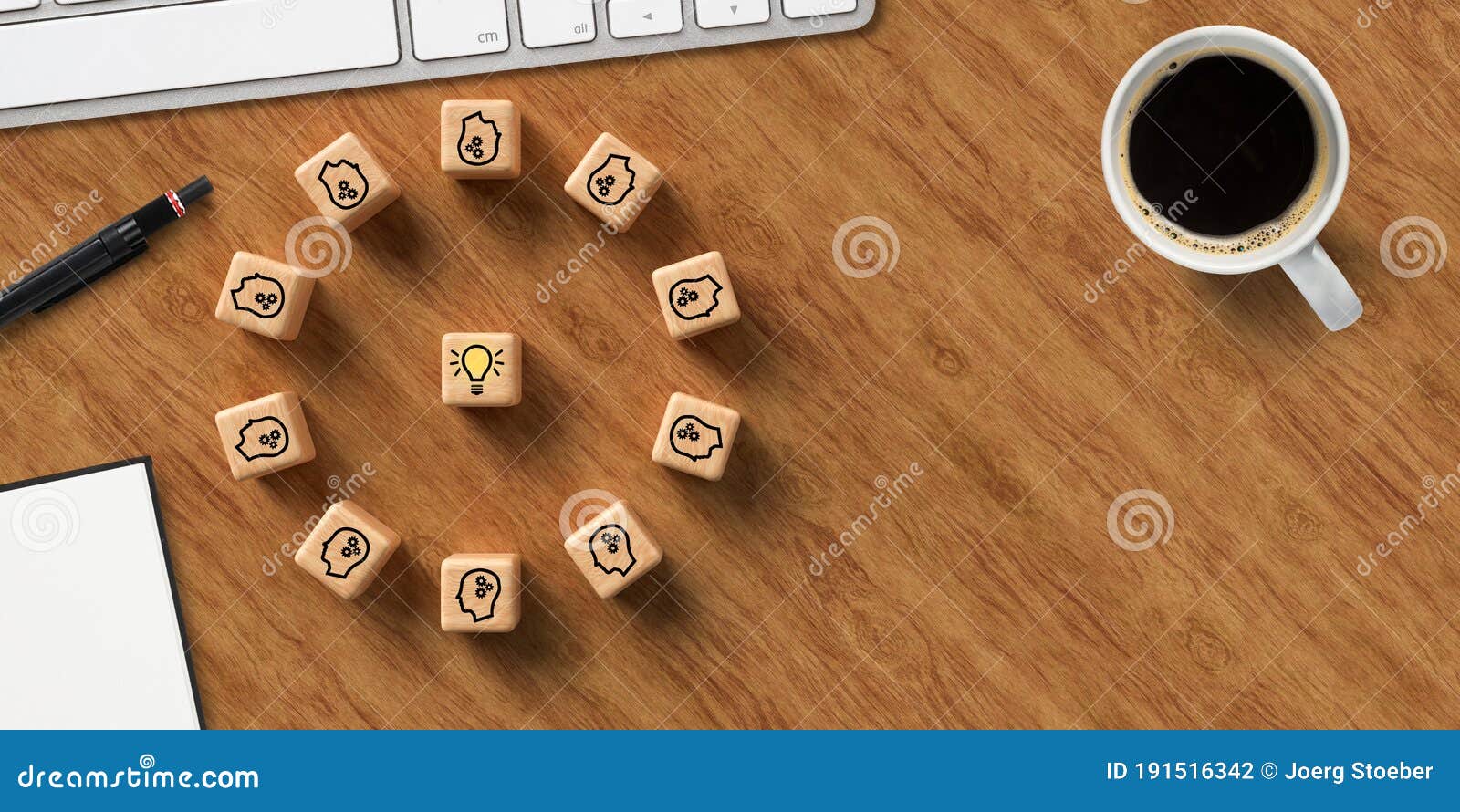 Cubes Showing a Brainstorming Session and Computer Keyboard and Notepad ...