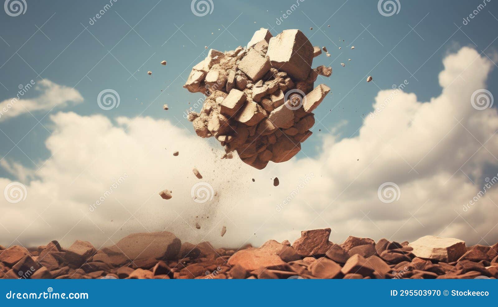 Cubist Deconstruction: Crumpled Rocks Falling Over Cloud Background ...