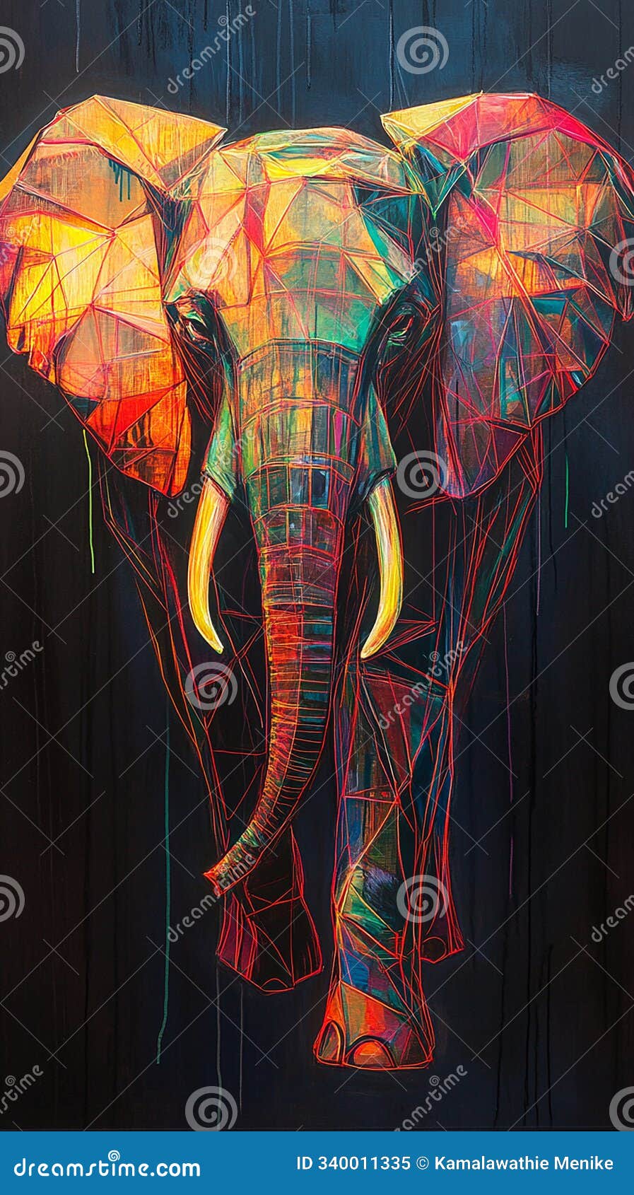 Cubist Elephant with Glowing Lines and Geometric Patterns Stock ...