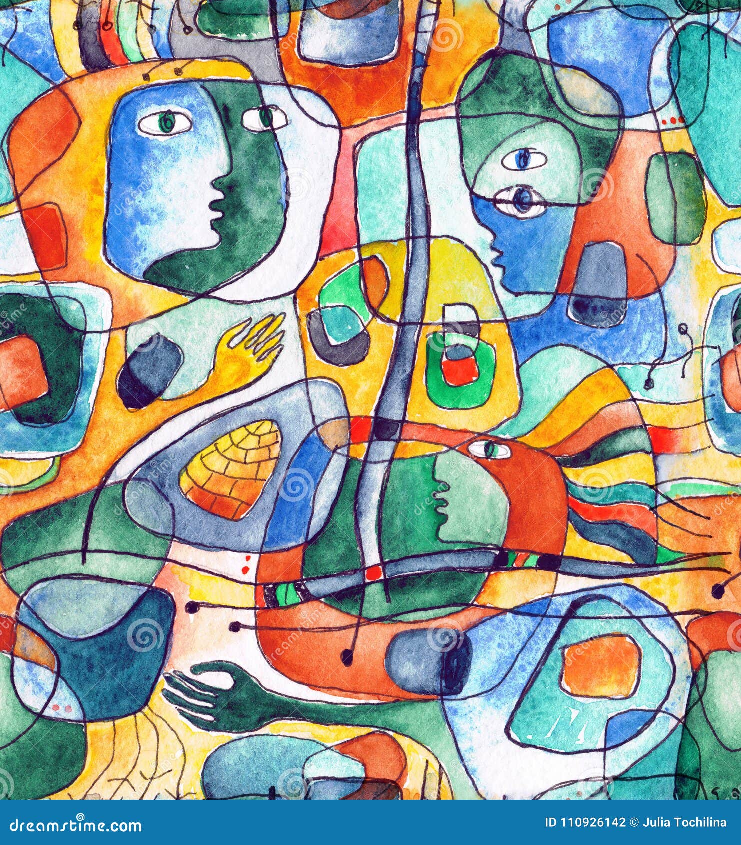 Cubistic Seamless Pattern with Lines and Faces Painted in Watercolor ...