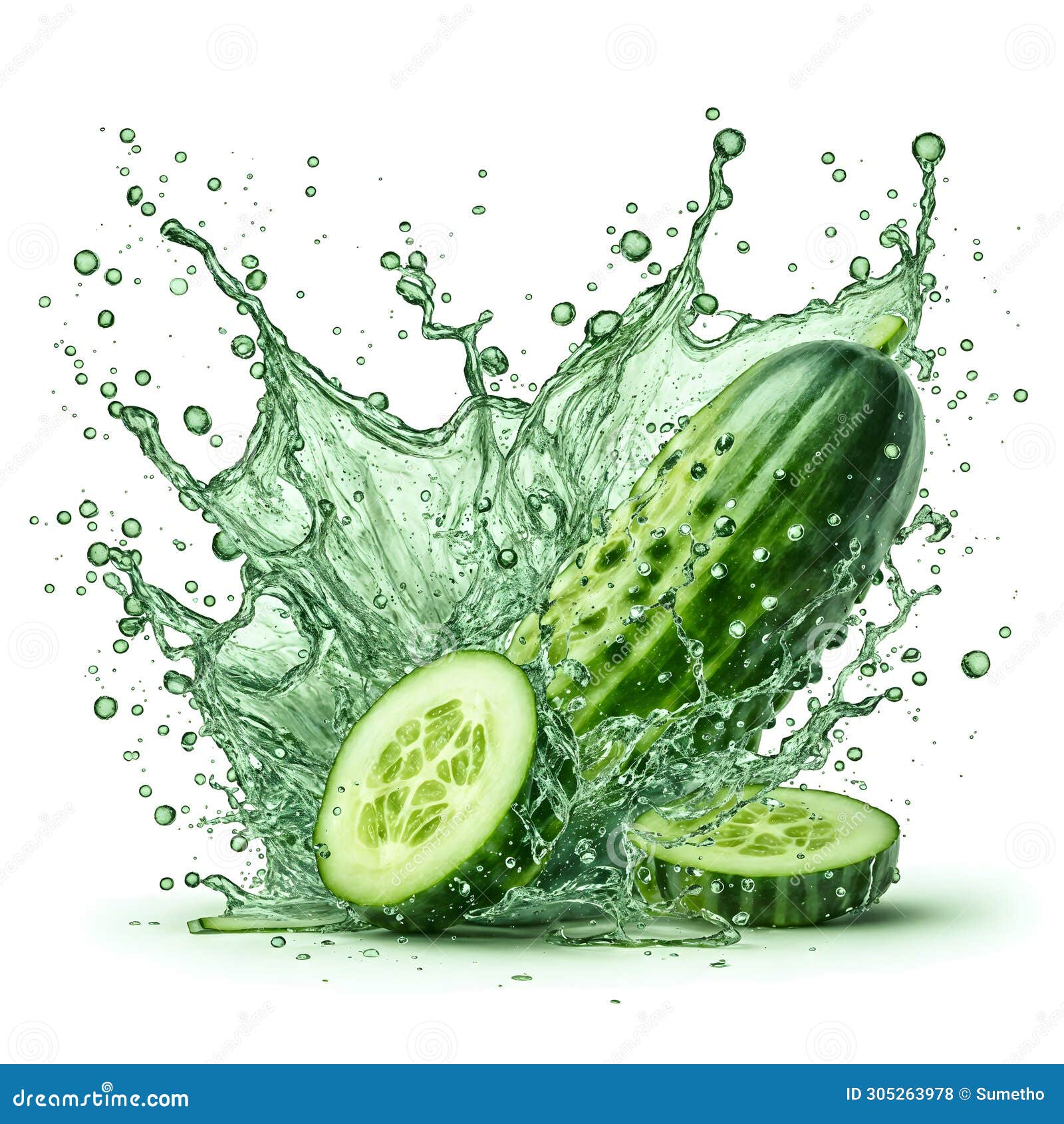 A Cucumber is Being Splashed by a Juice, with a Few Slices of Cucumber ...