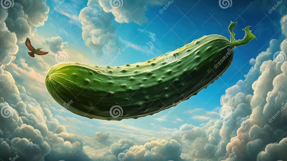 A Cucumber is Flying through the Clouds with a Bird, AI Stock Image ...