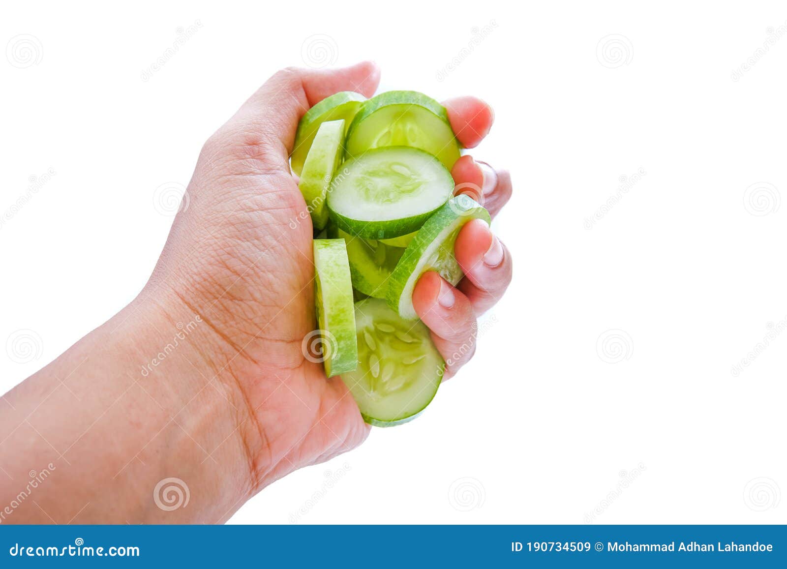 Cucumber Pieces in the Palm of Your Hand. Isolated White Background ...