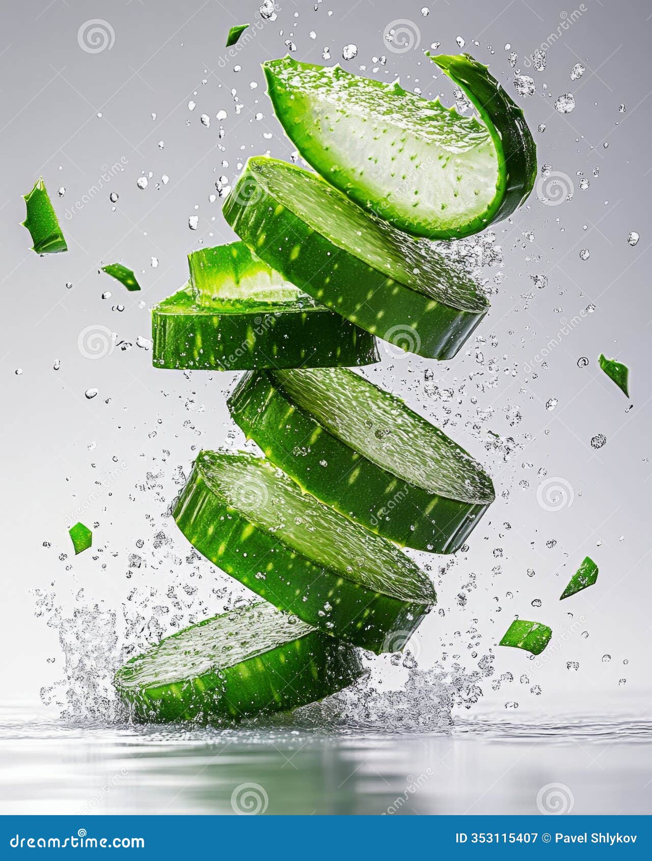 Cucumber Slices Floating in Water with Splash Effects Creating a ...