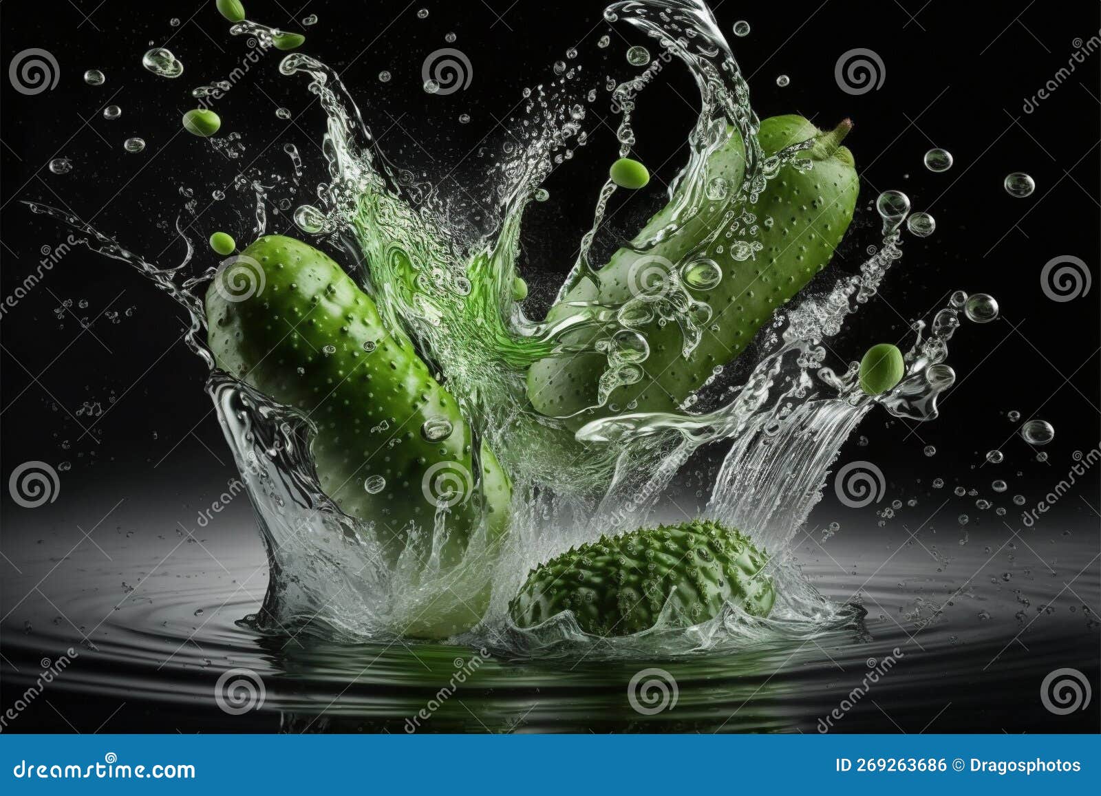 Cucumber Splashed or Thrown in Water. Water Splash Fresh Fruit Creative ...