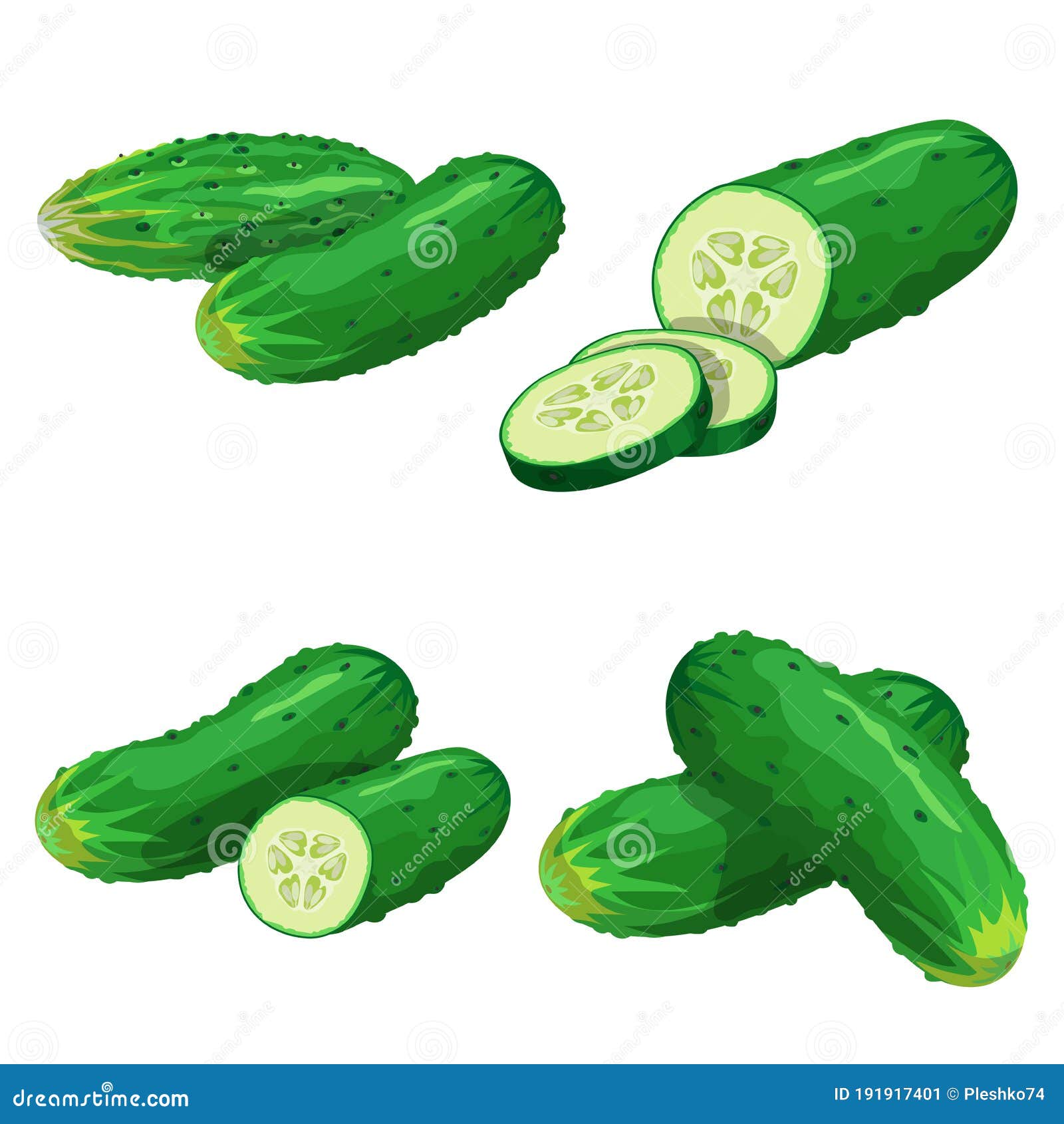 Cucumbers In Cartoon Style Set Whole Cucumbers Half With Slices And