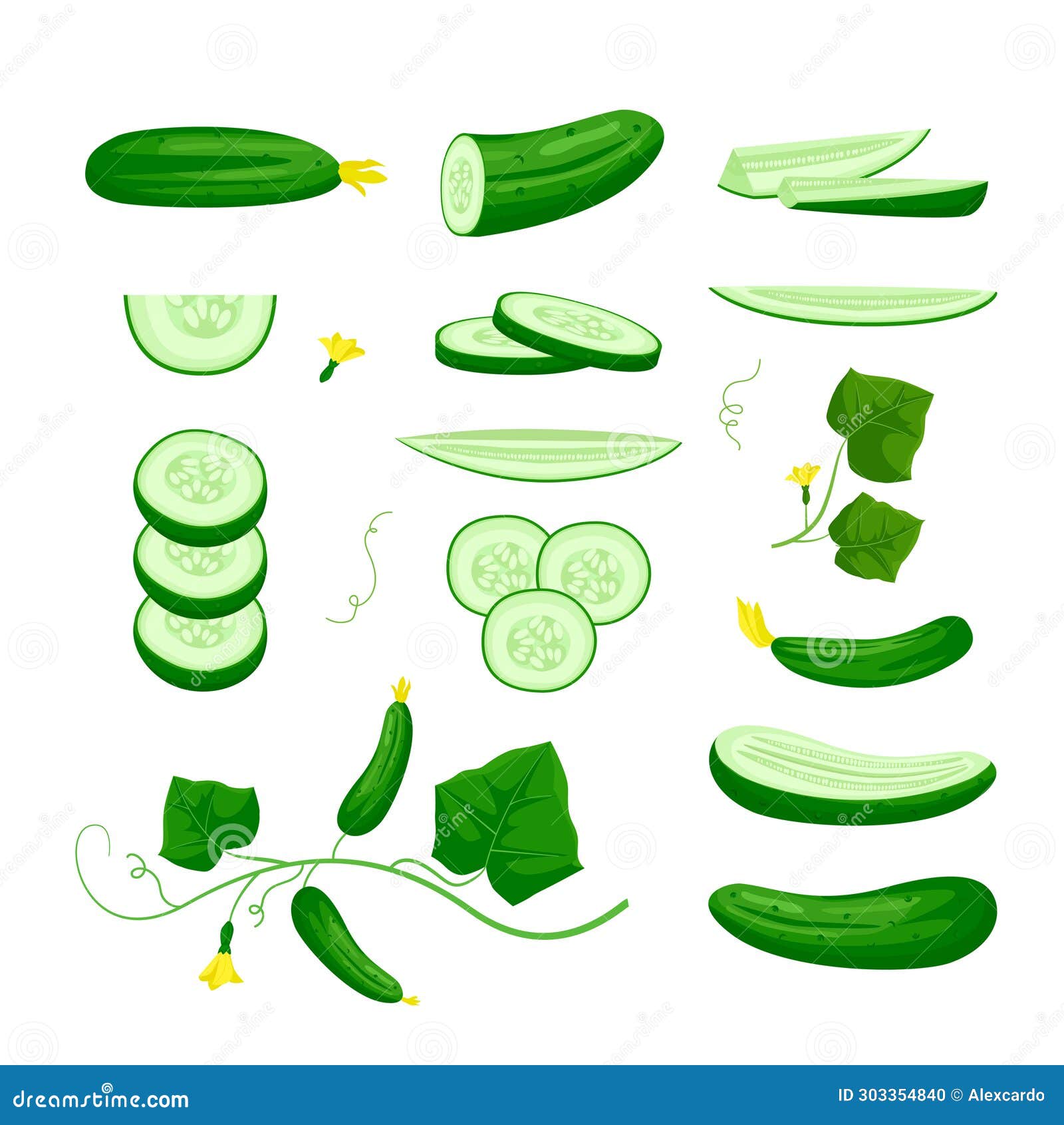Cucumbers In Cartoon Style Set Whole Cucumbers Half With Slices And