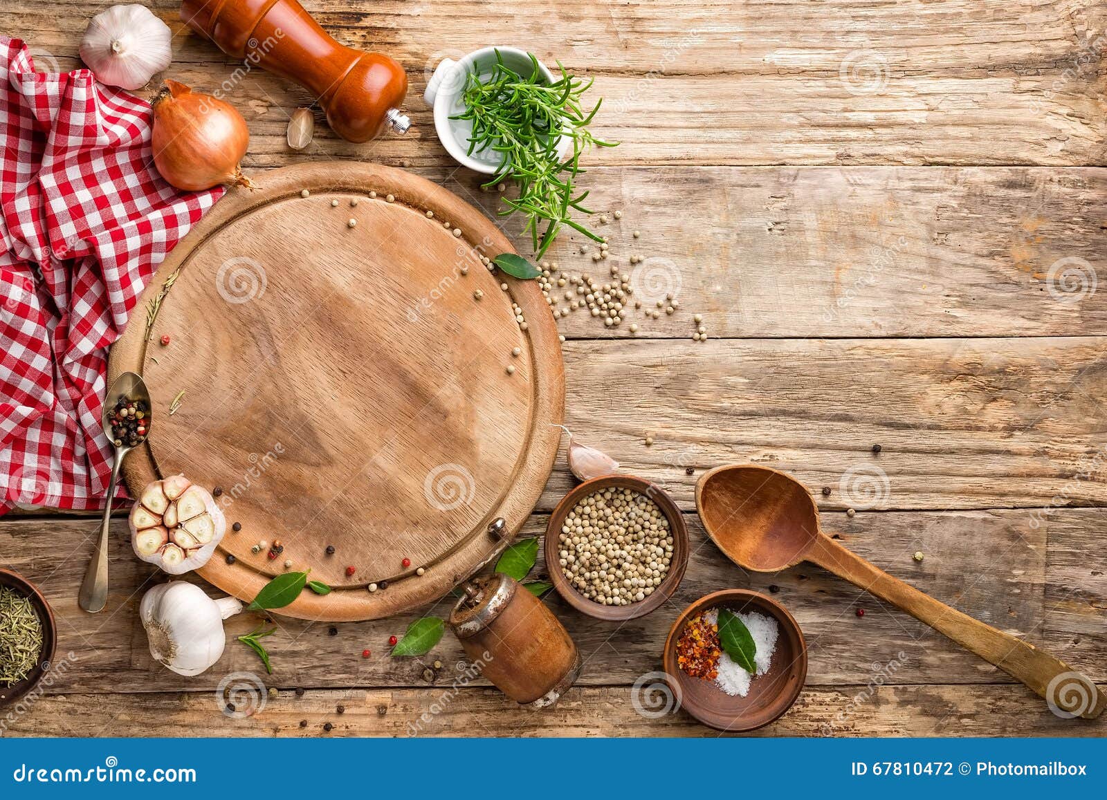 Culinary Background with Empty Cutting Board and Spices Stock Photo ...