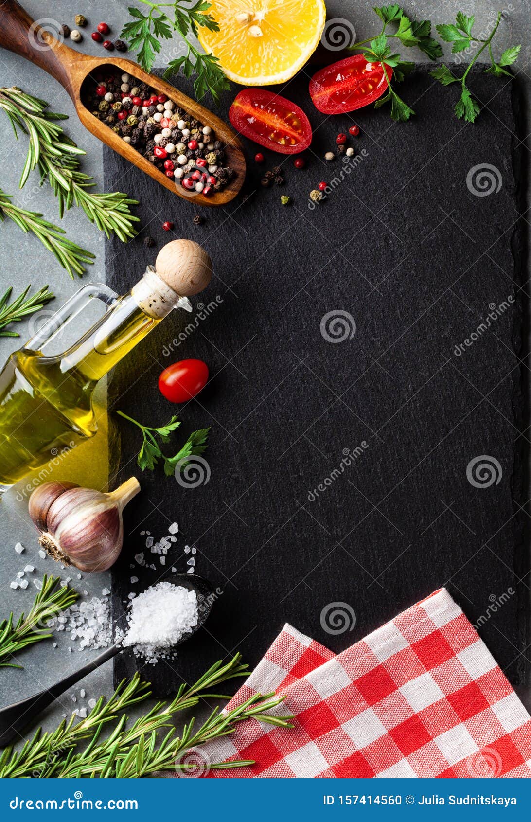 Culinary Background with Kitchen Slate Board, Herbs and Aromatic Spices ...
