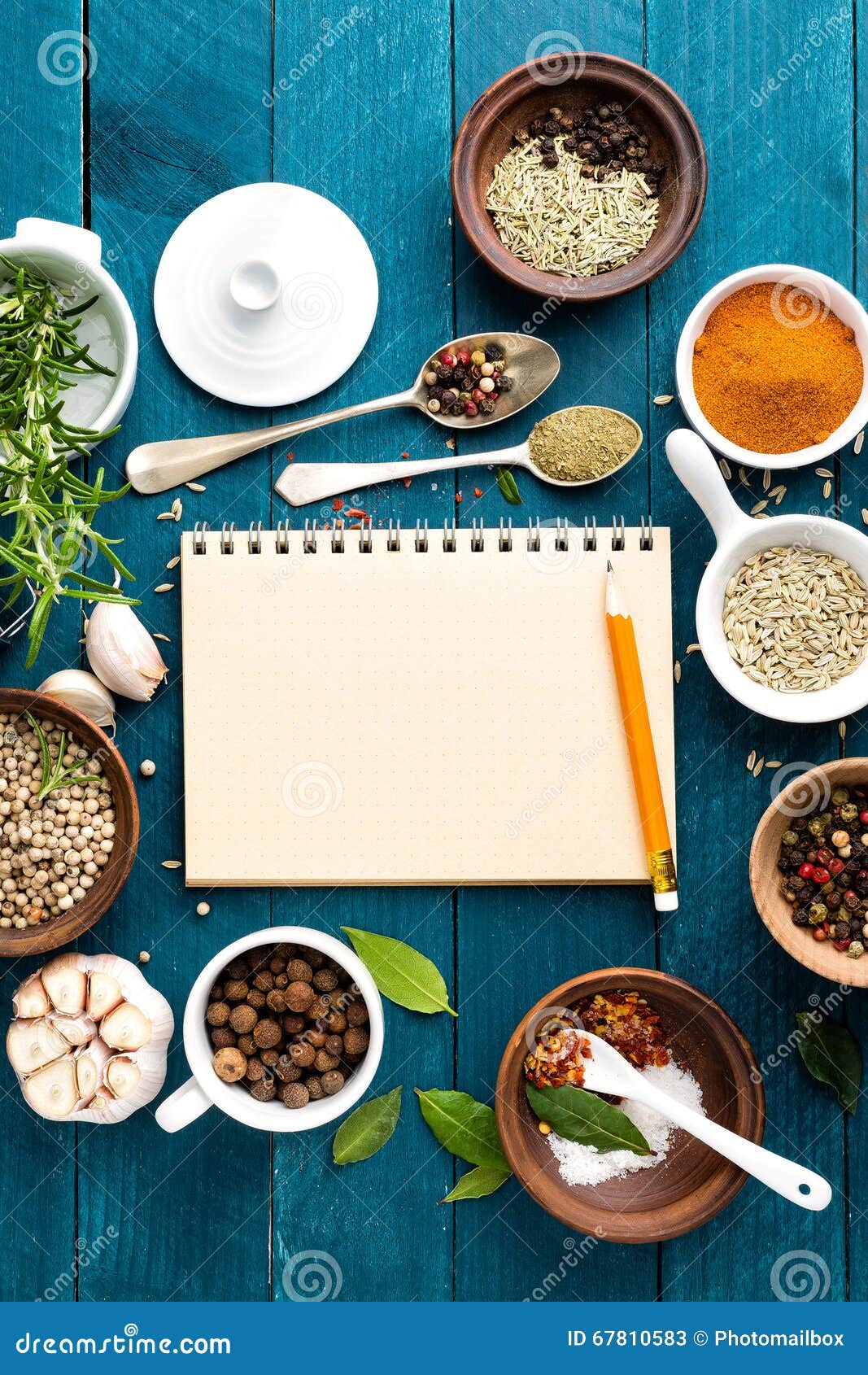 Culinary Background and Recipe Book with Spices on Wooden Table Stock ...