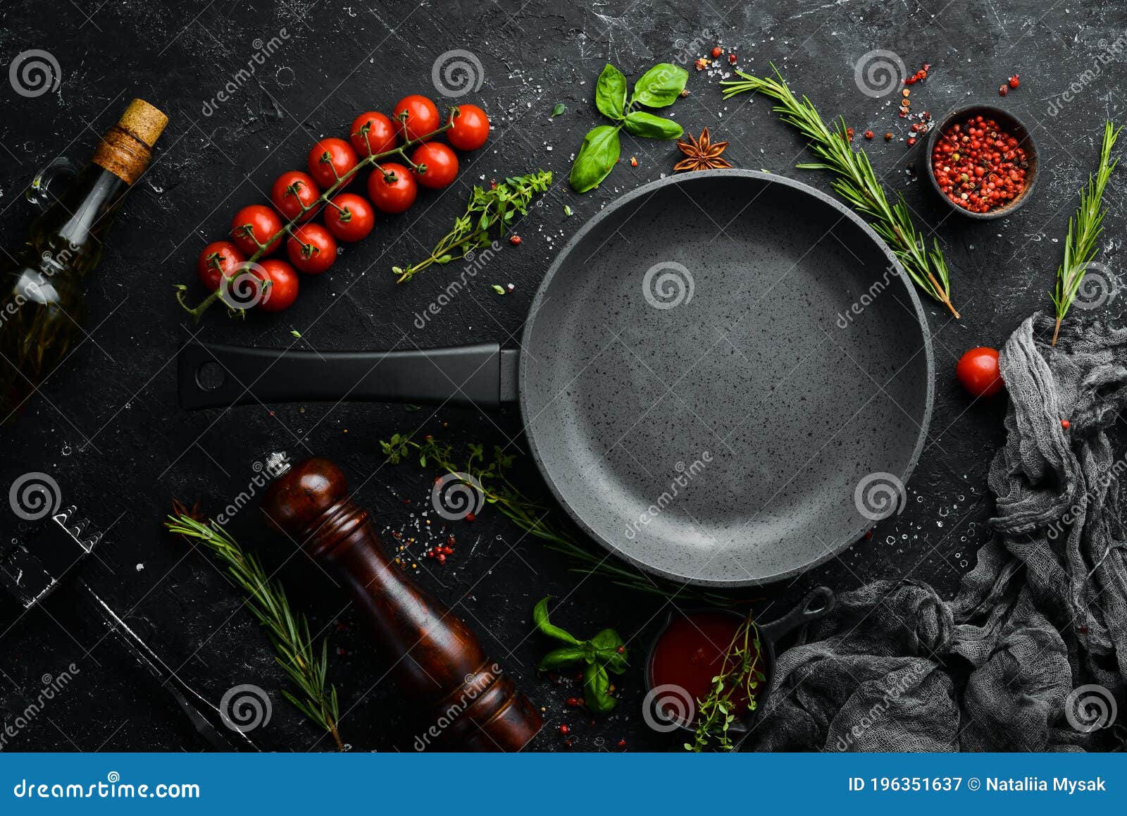 Culinary Banner. Frying Pan with Vegetables on a Black Stone Background ...