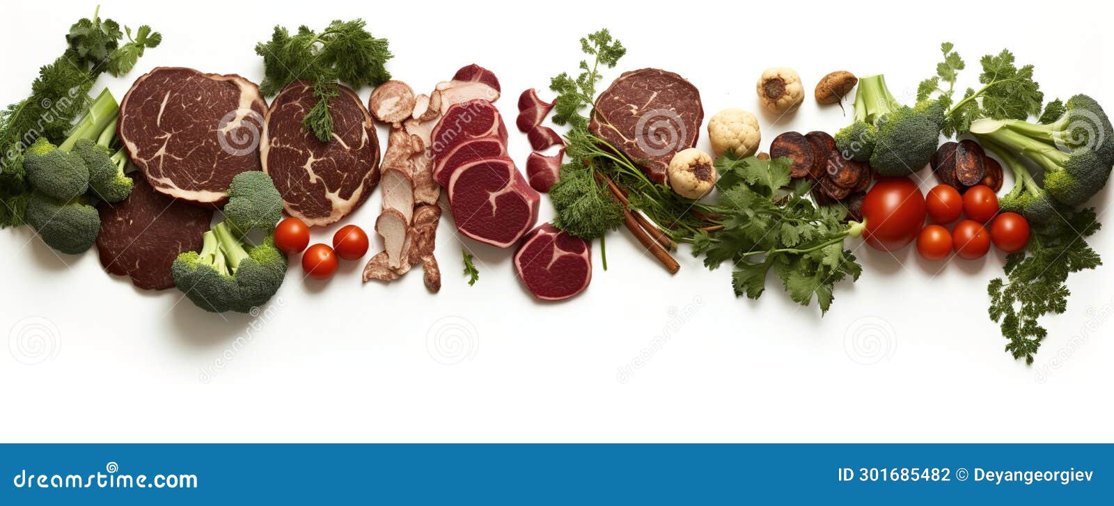 Culinary Border with Vegetables and Raw Meat Arranged in a Line. Design ...