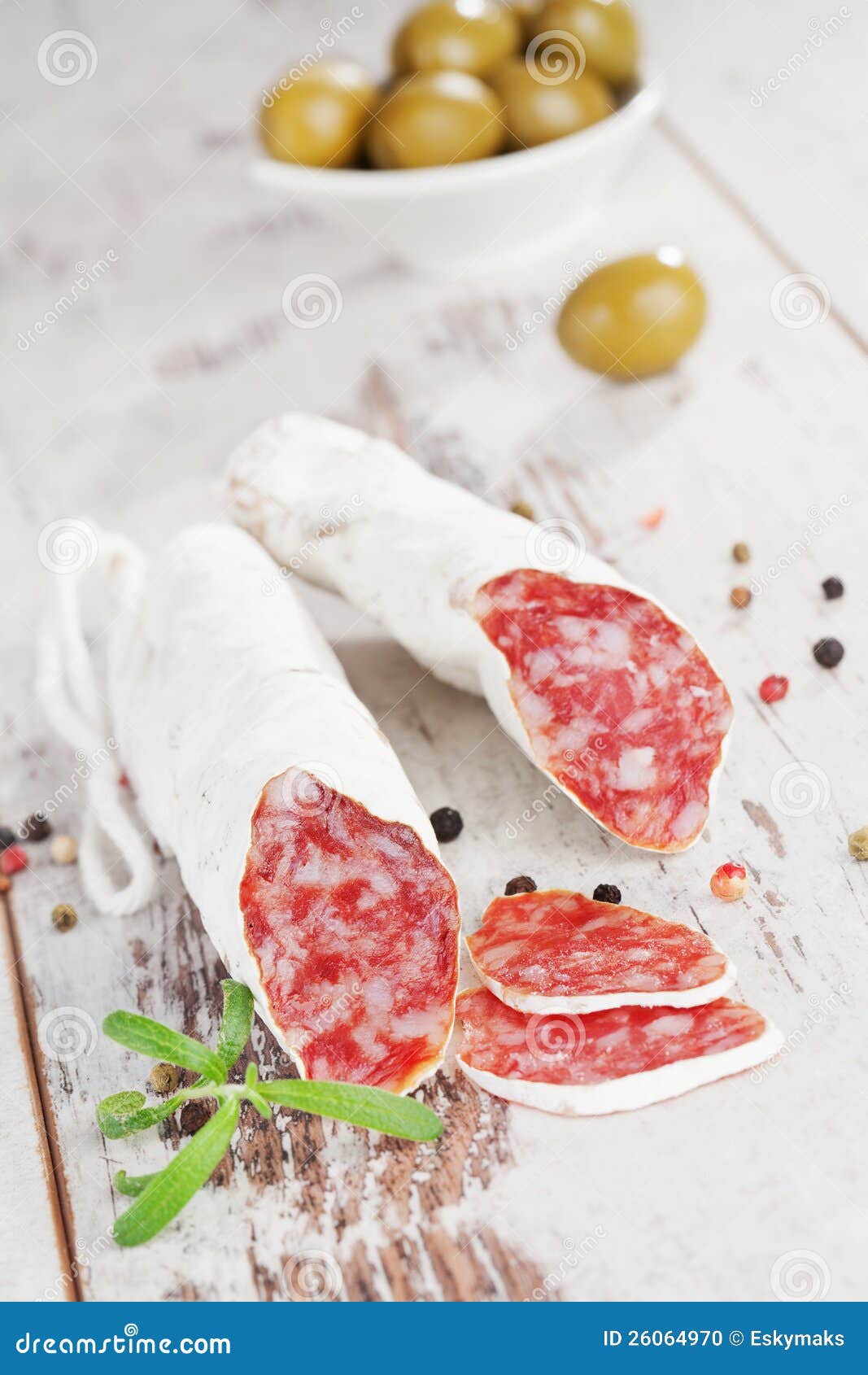 Culinary fuet sausage. stock photo. Image of olives, slice - 26064970